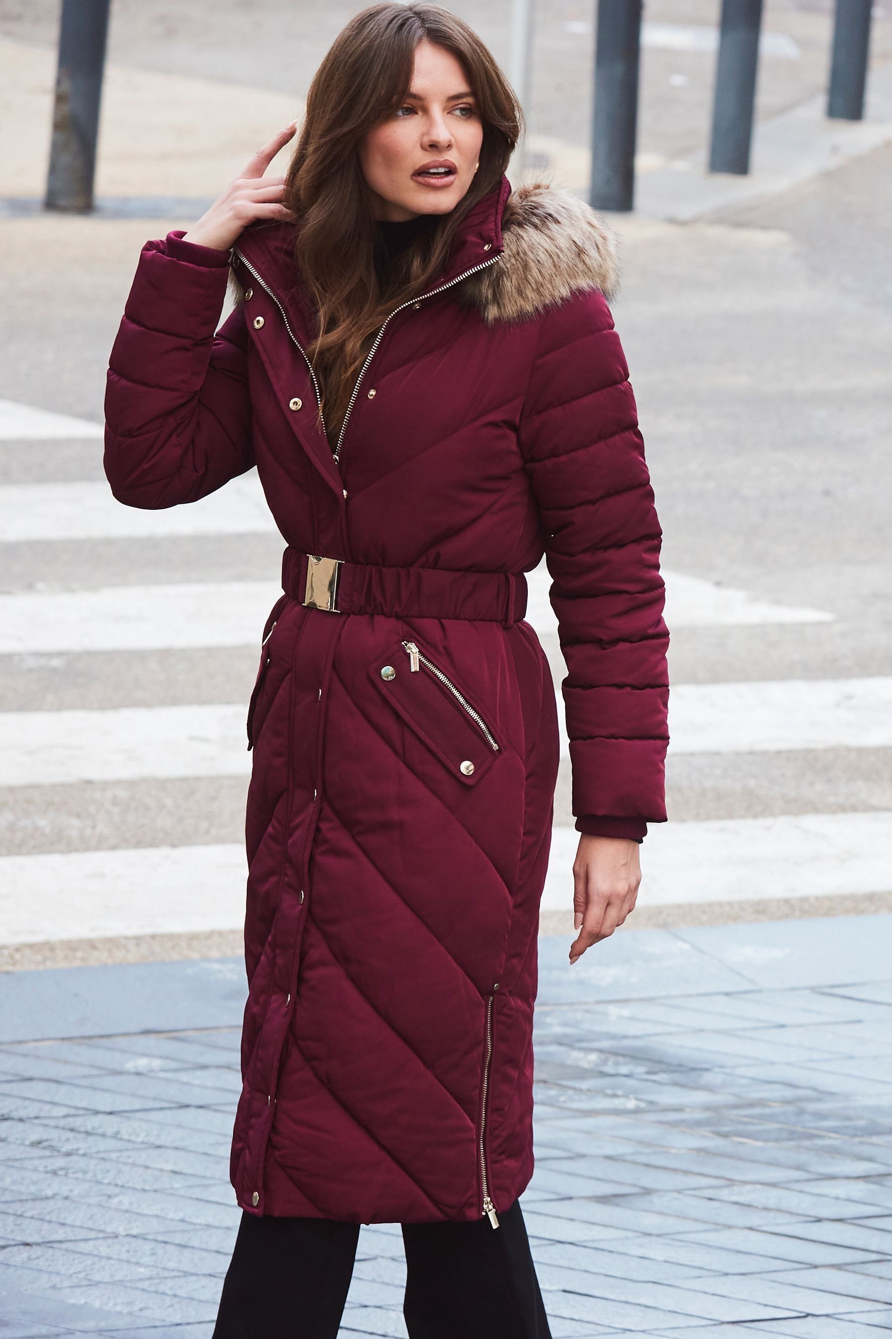 Buy Sosandar Red Longline Padded Coat With Faux Fur Hoodie from the ...