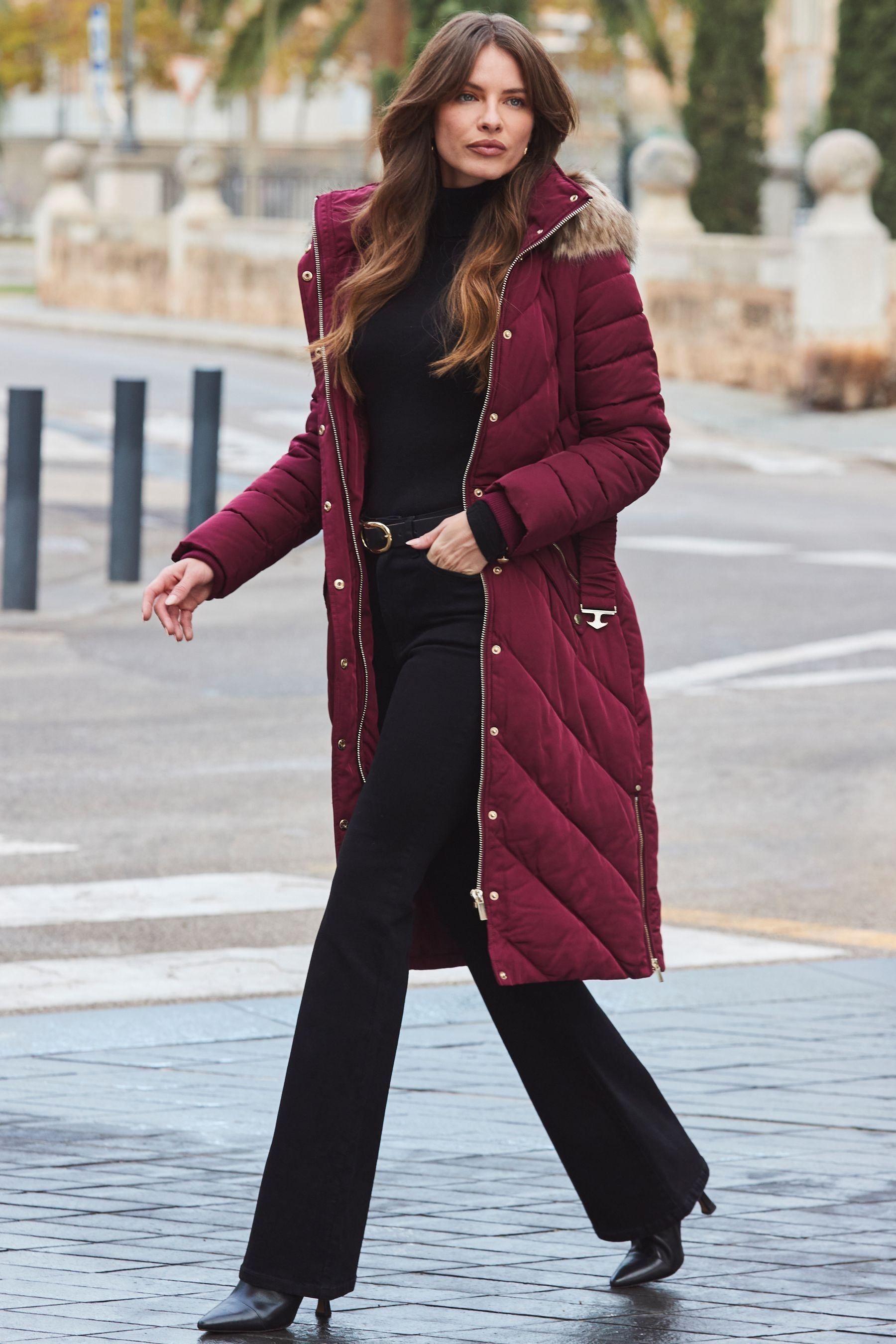 Buy Sosandar Red Longline Padded Coat With Faux Fur Hoodie from the Next UK online shop
