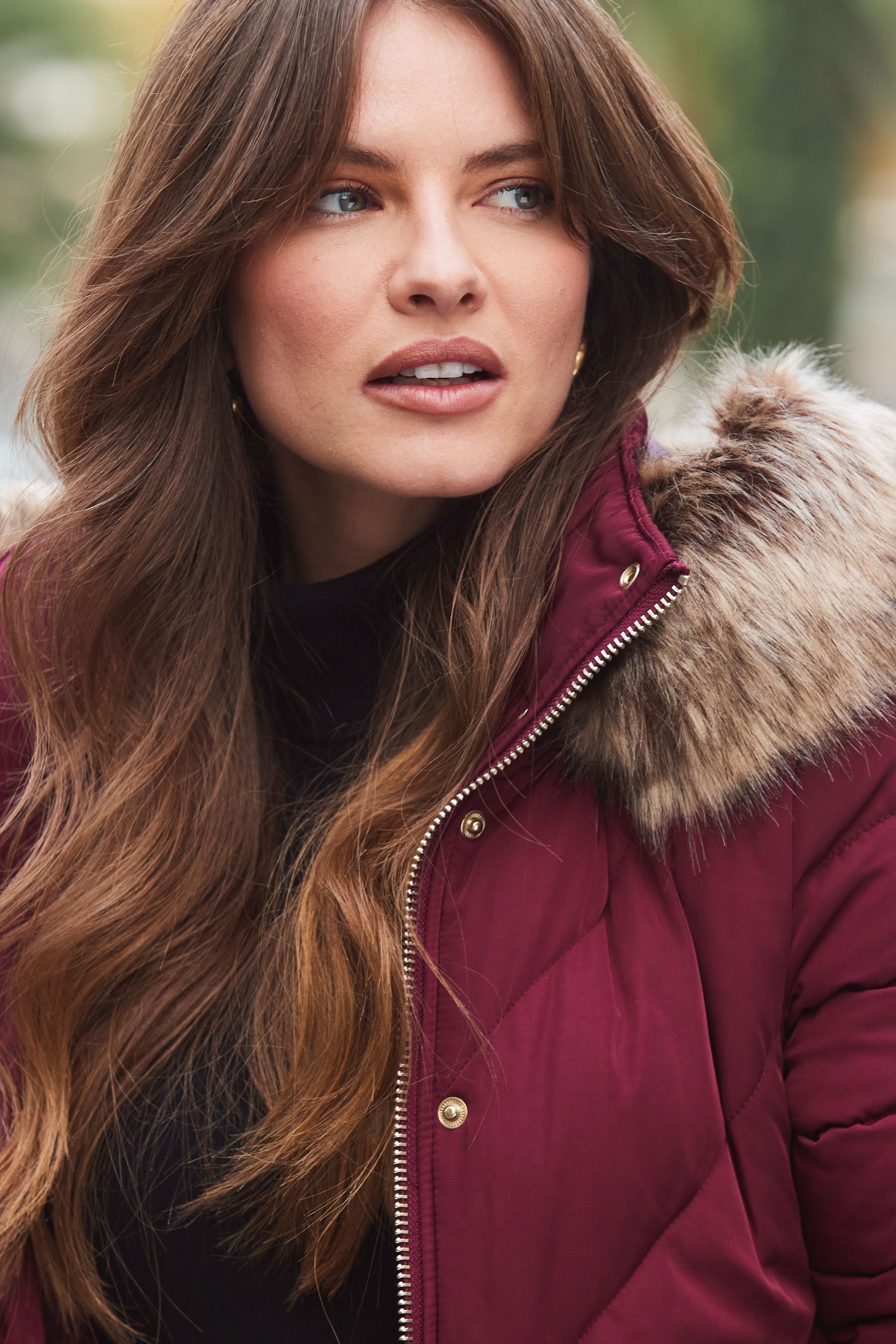 Buy Sosandar Red Longline Padded Coat With Faux Fur Hoodie from the ...