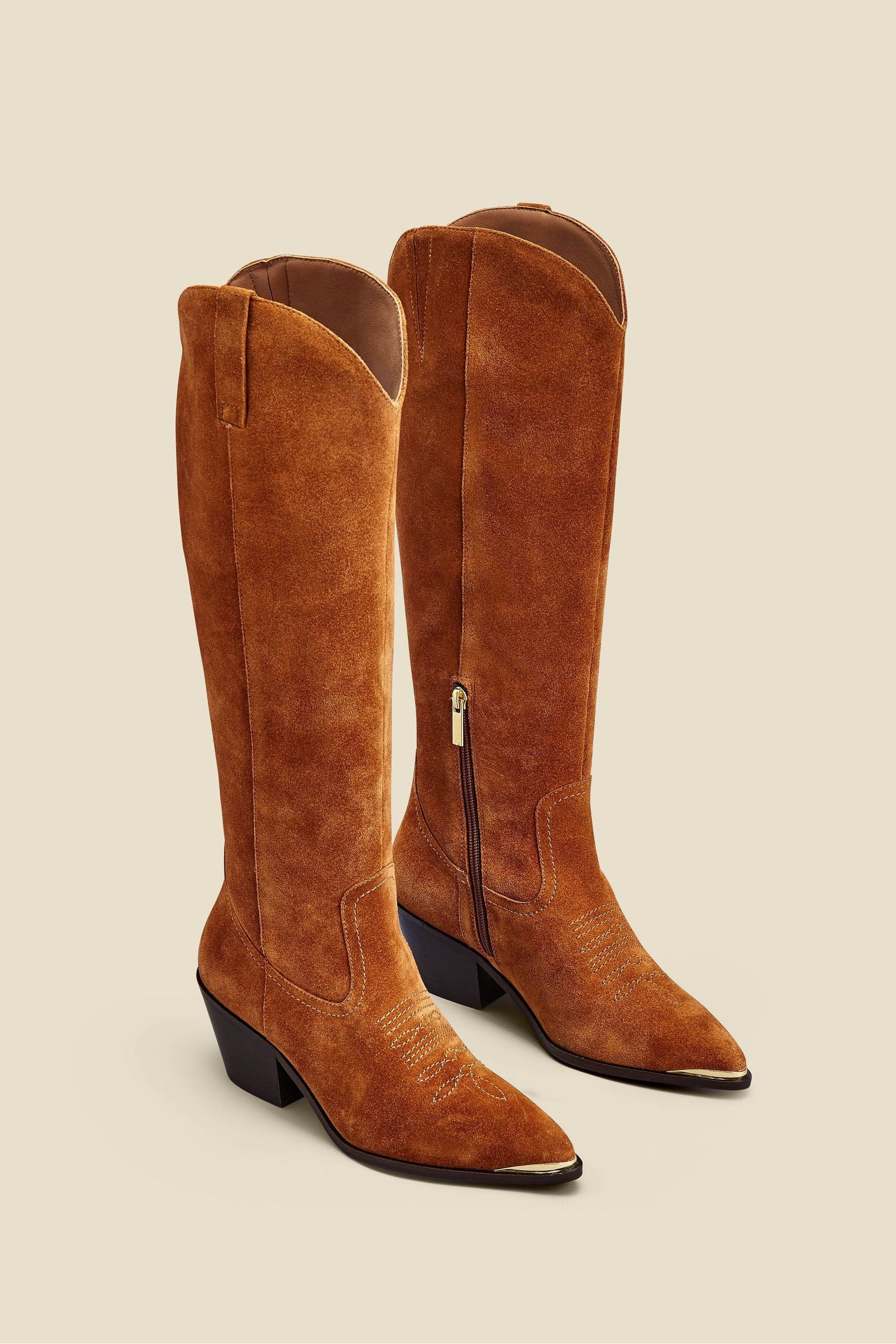 Buy Sosandar Brown Suede Tab Detail Knee High Western Boots With Metal ...