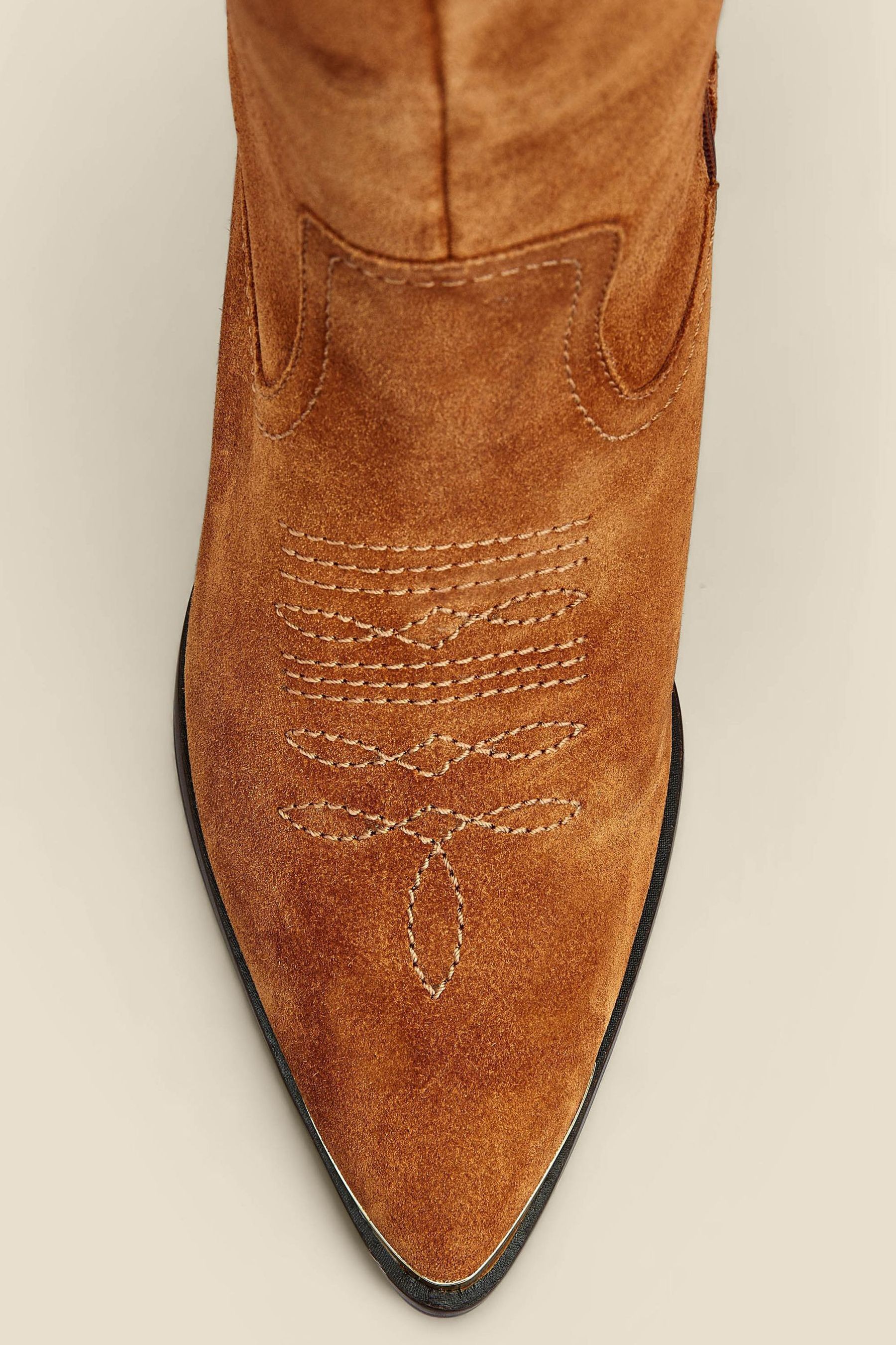 Buy Sosandar Brown Suede Tab Detail Knee High Western Boots With Metal ...