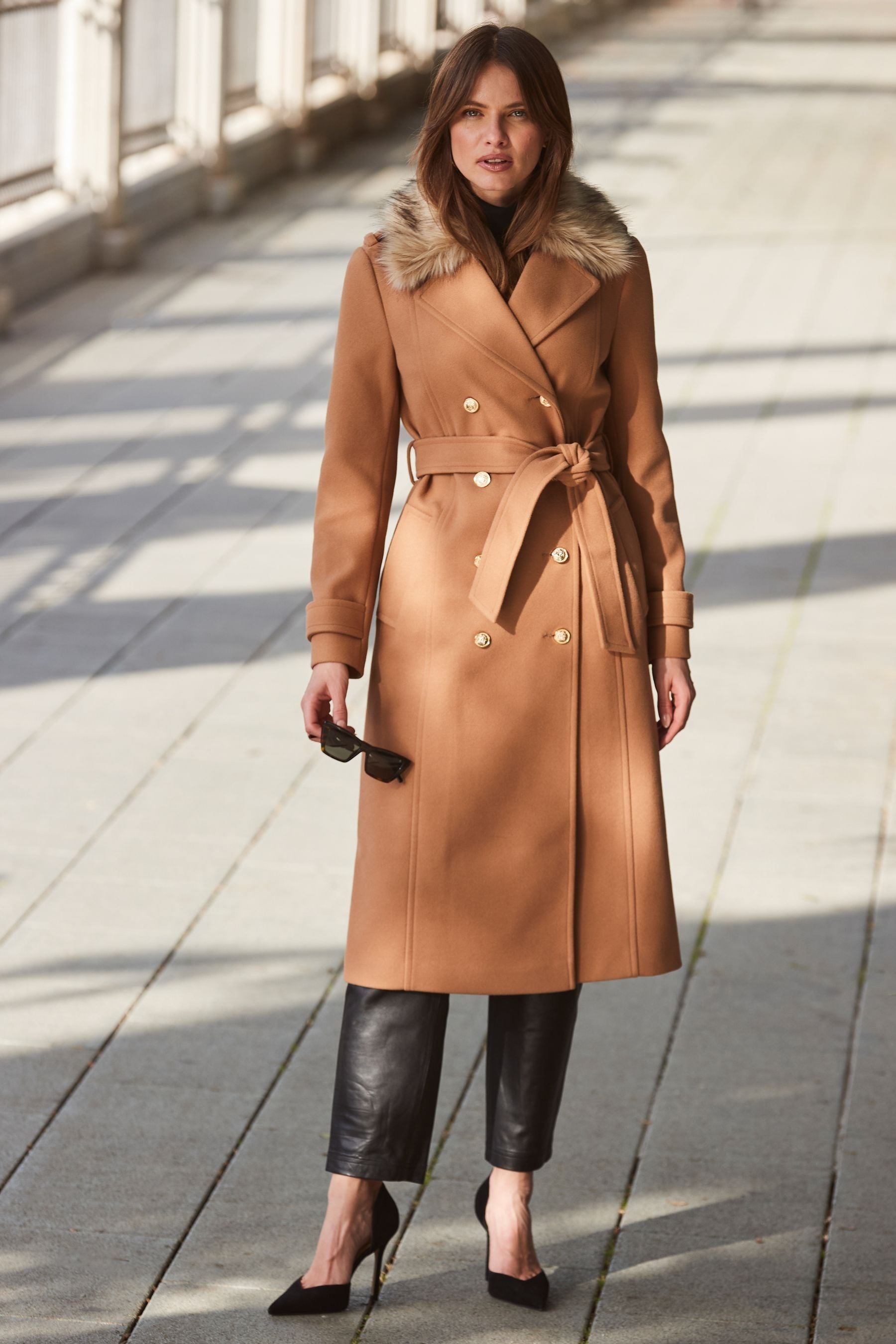 Buy Sosandar Brown Longline Faux Wool Coat With Faux Fur Collar from ...