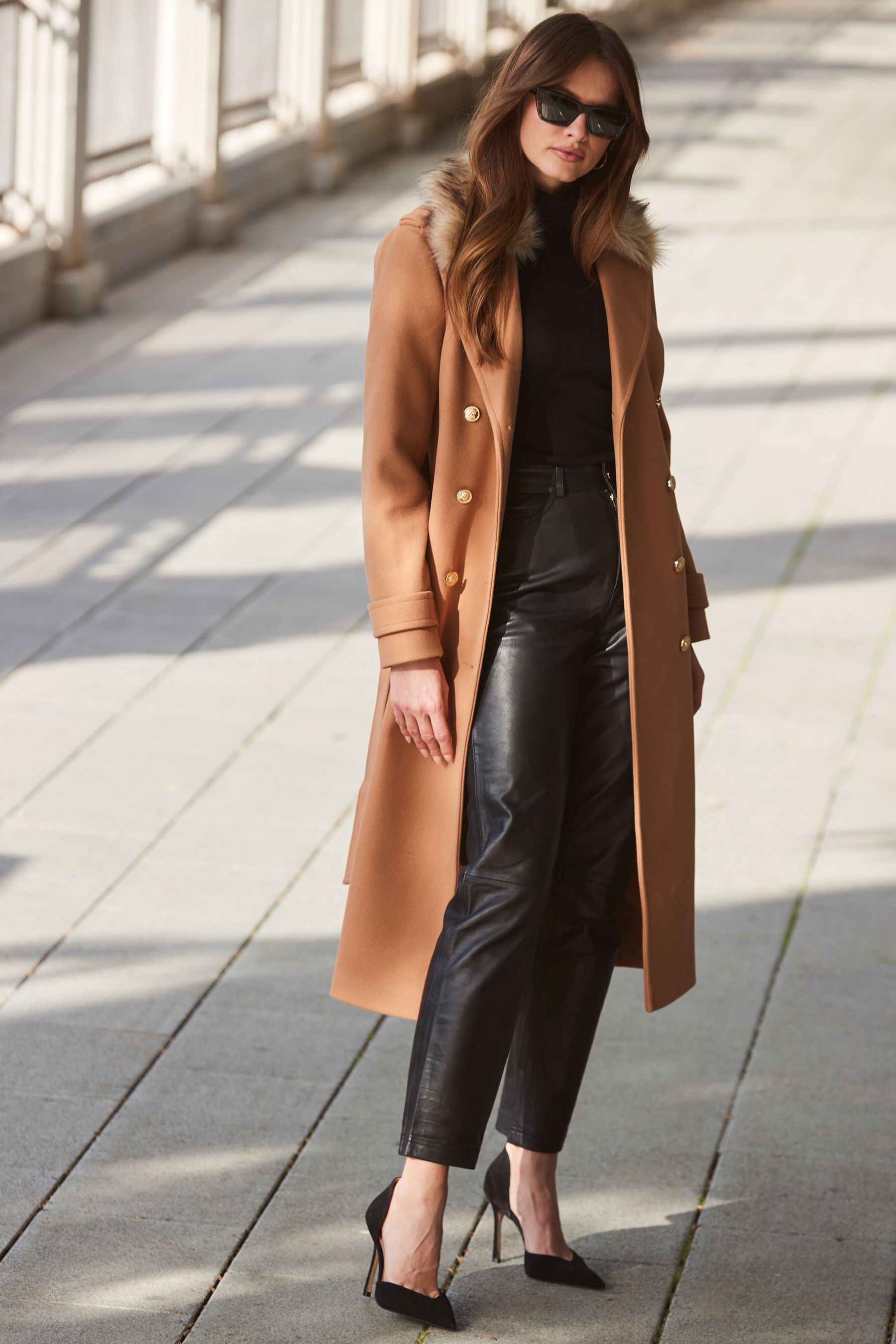 Buy Sosandar Brown Longline Faux Wool Coat With Faux Fur Collar from ...