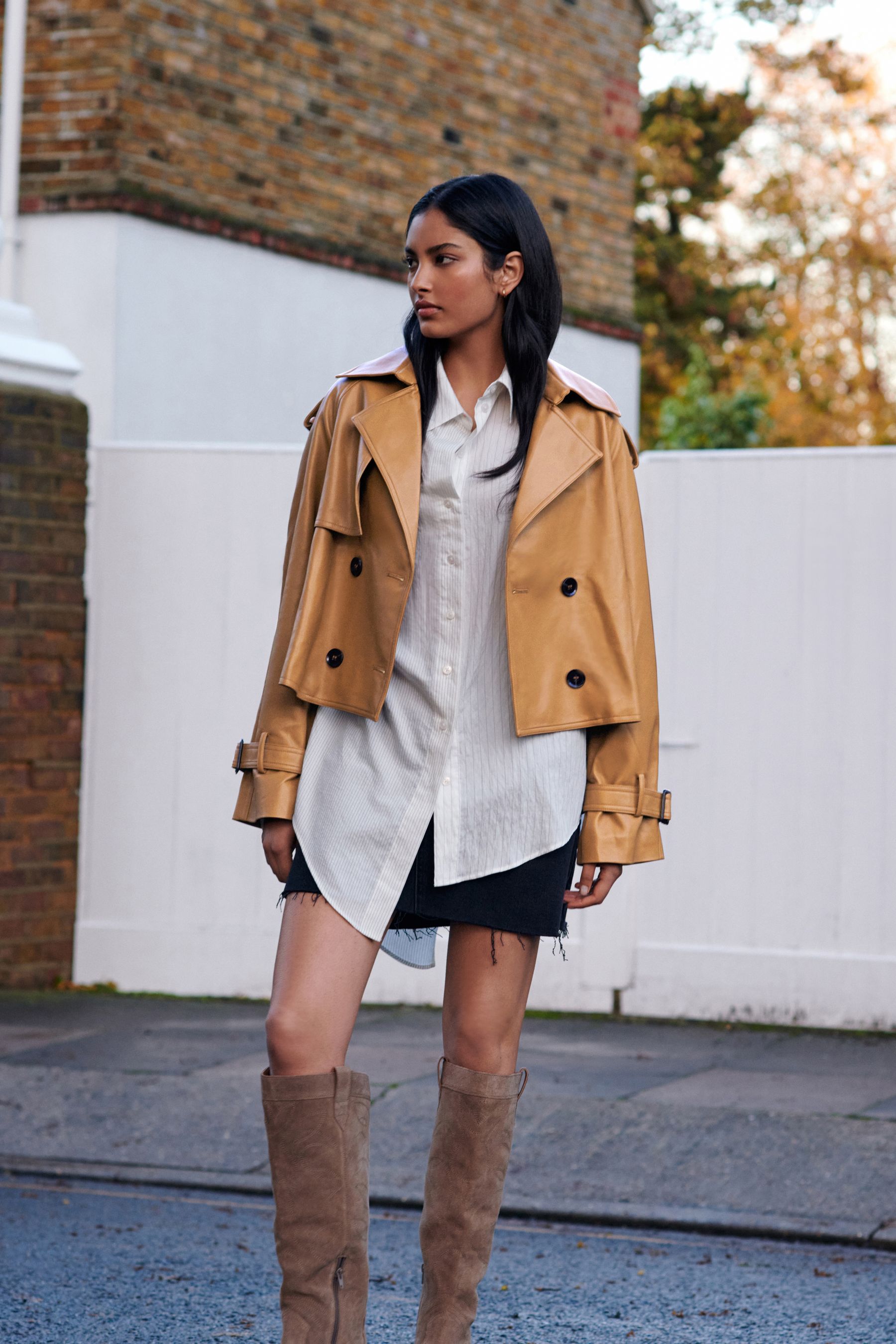 Buy Camel Brown Faux Leather Cropped Trench Coat from Next Ireland