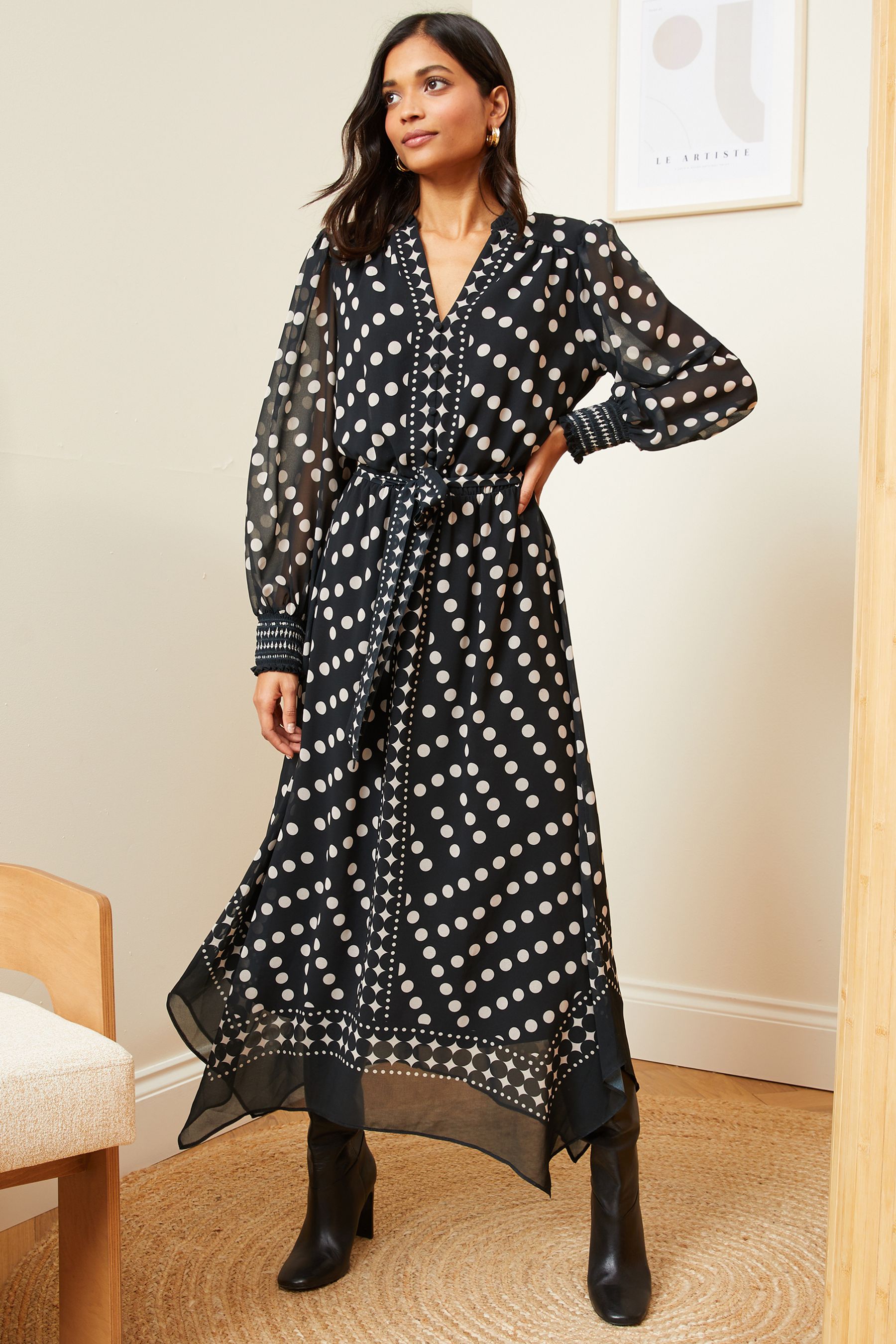 Buy Love & Roses Black and White Polka Dot Printed V Neck Belted Long ...