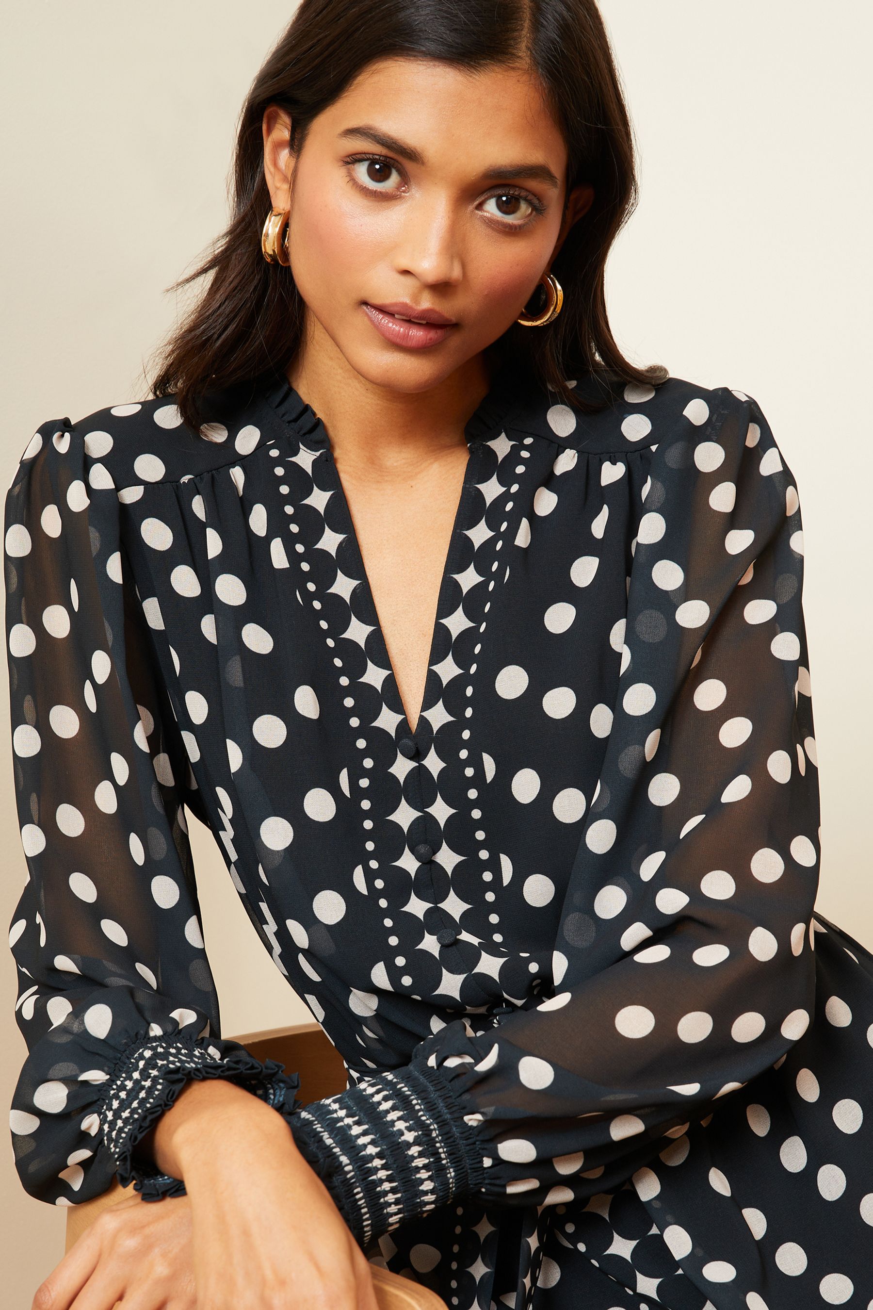 Buy Love & Roses Black and White Polka Dot Printed V Neck Belted Long ...