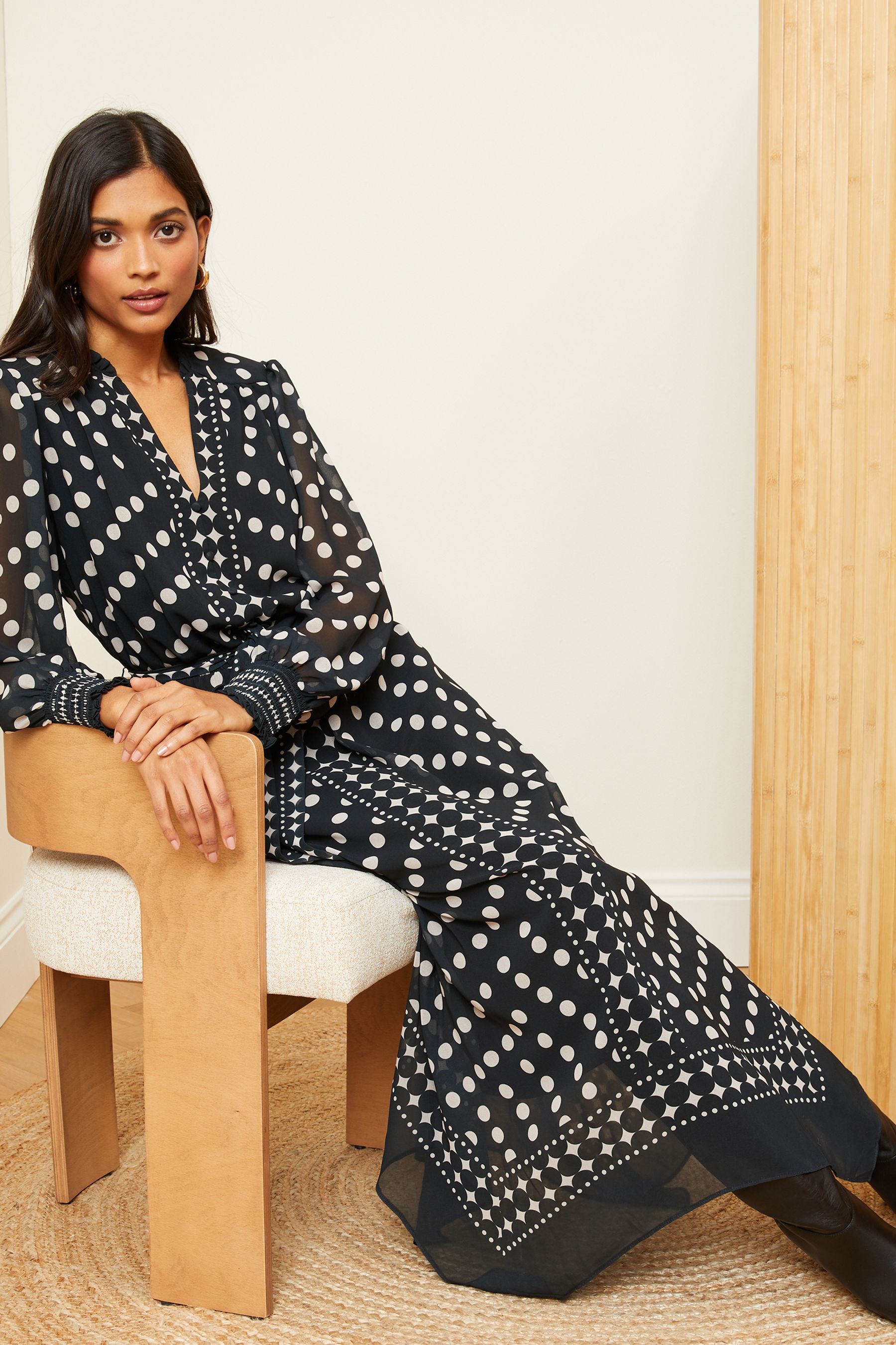 Buy Love & Roses Black and White Polka Dot Printed V Neck Belted Long ...