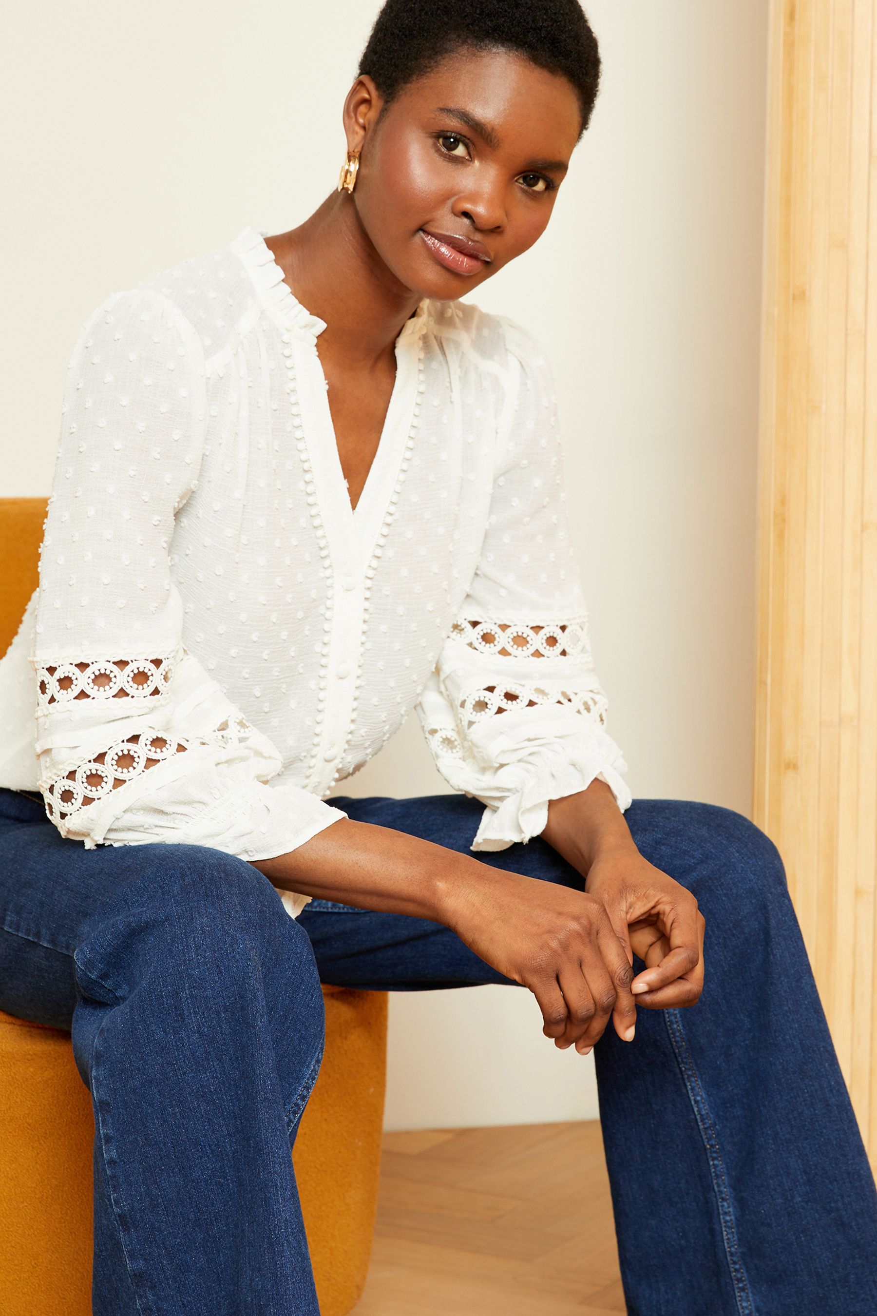 Buy Love & Roses Ivory White 3/4 Sleeve V Neck Dobby Blouse from the ...