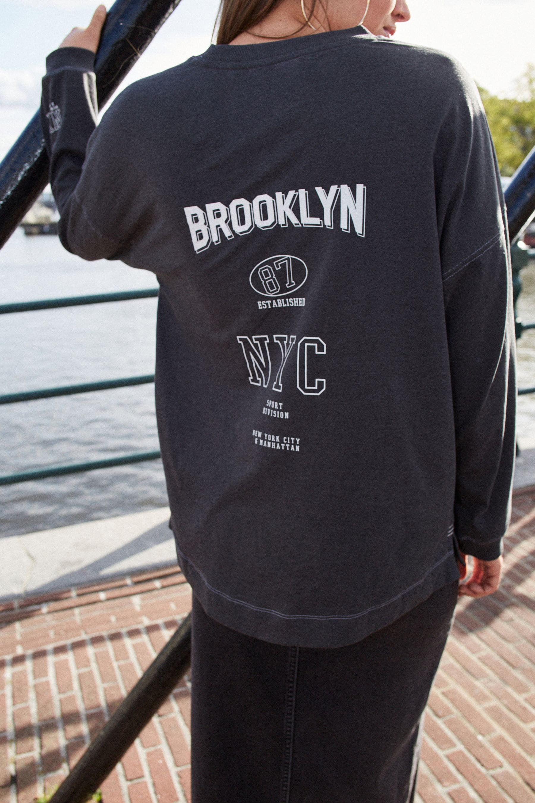 Buy Charcoal Grey Long Sleeve Brooklyn New York City Back Graphic Top ...