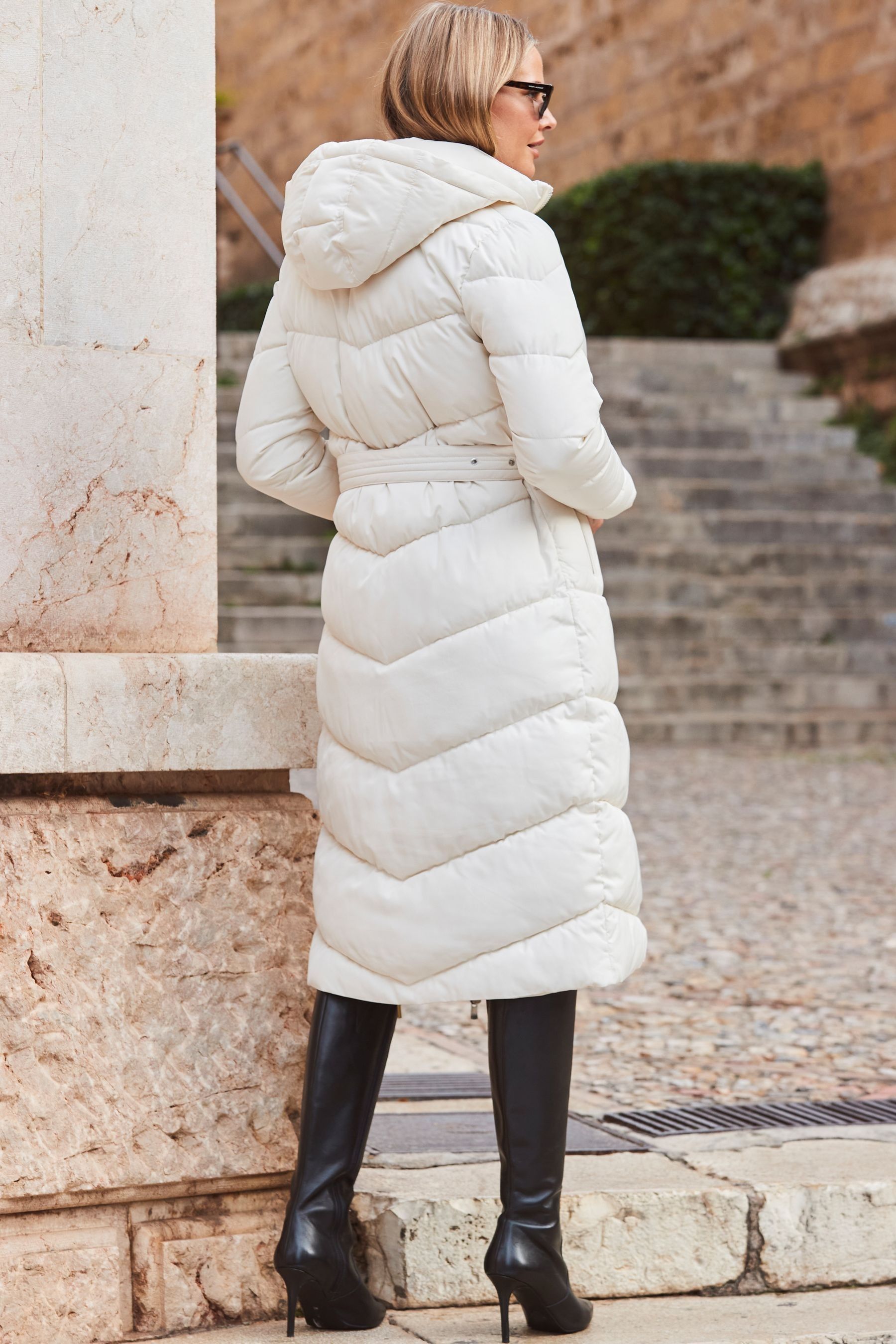 Buy Sosandar Ivory Longline Padded Coat With Removable Hood from the ...