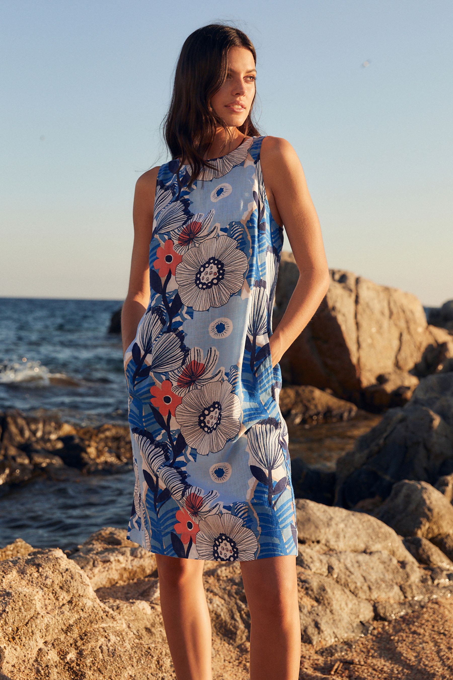 Buy Blue Floral Linen Blend Sleeveless Shift Dress from Next Ireland