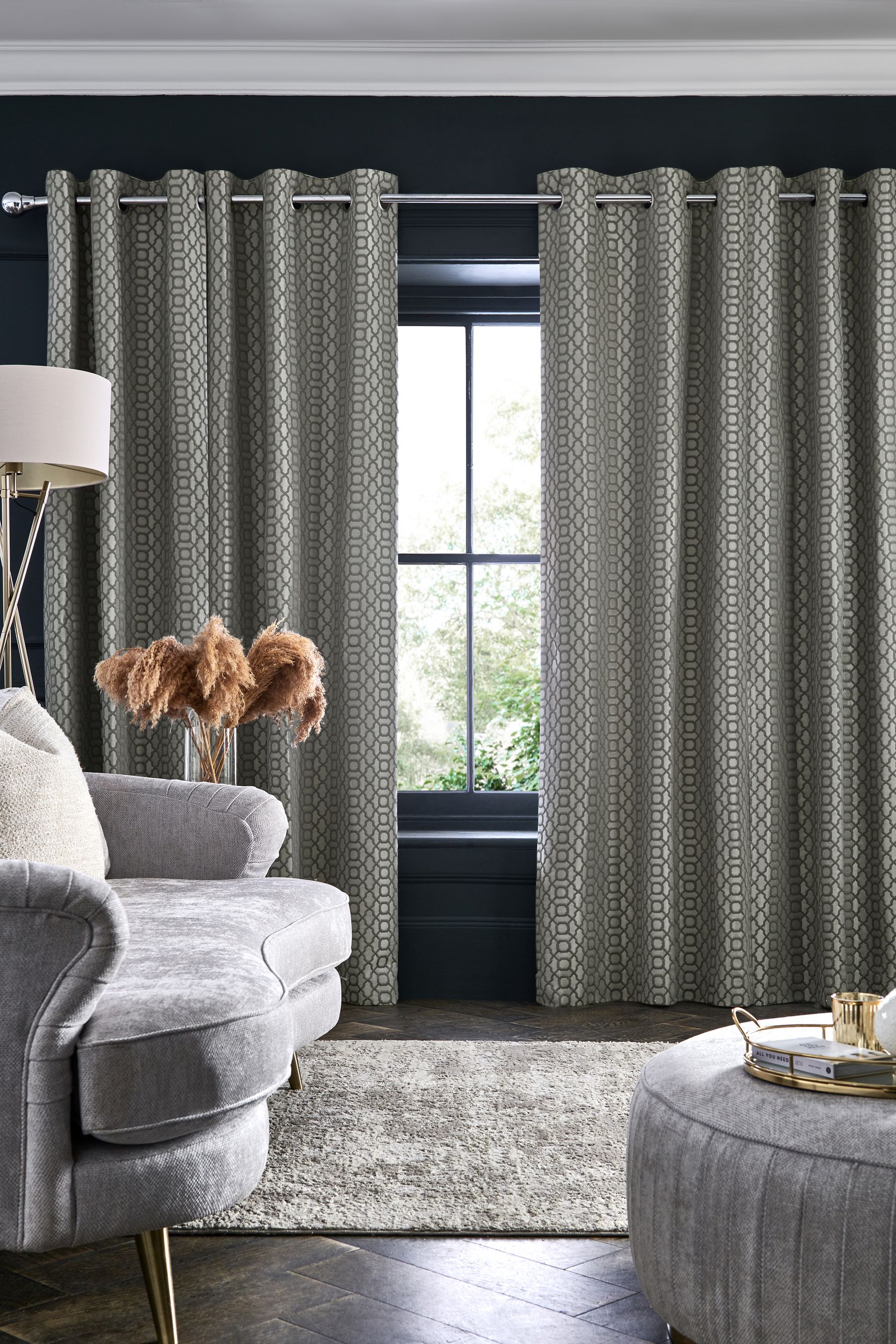 Buy Silver Grey Next Woven Geometric Eyelet Lined Curtains from the ...
