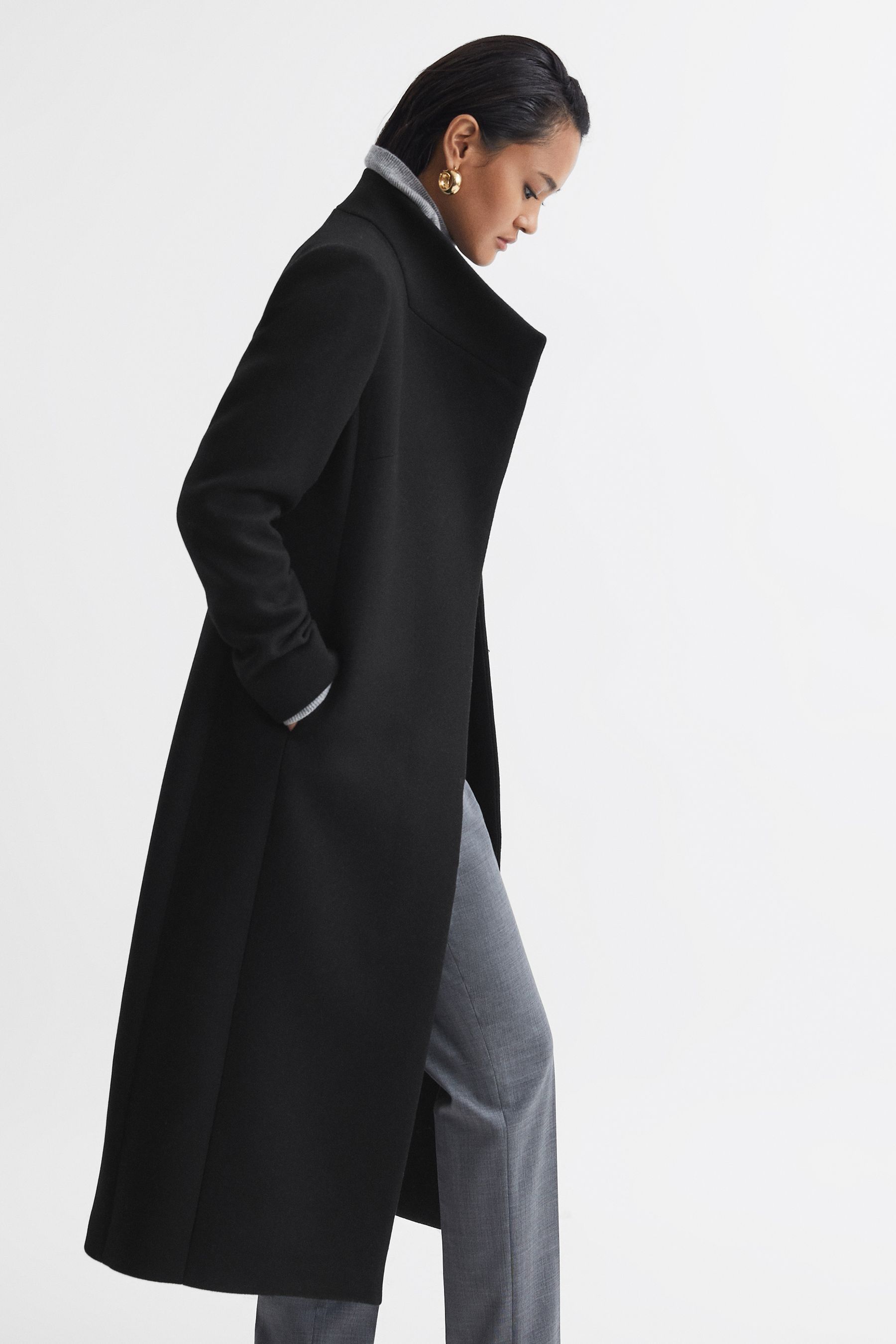 Buy Reiss Black Mischa Petite Tailored Wool Blend Longline Coat from ...