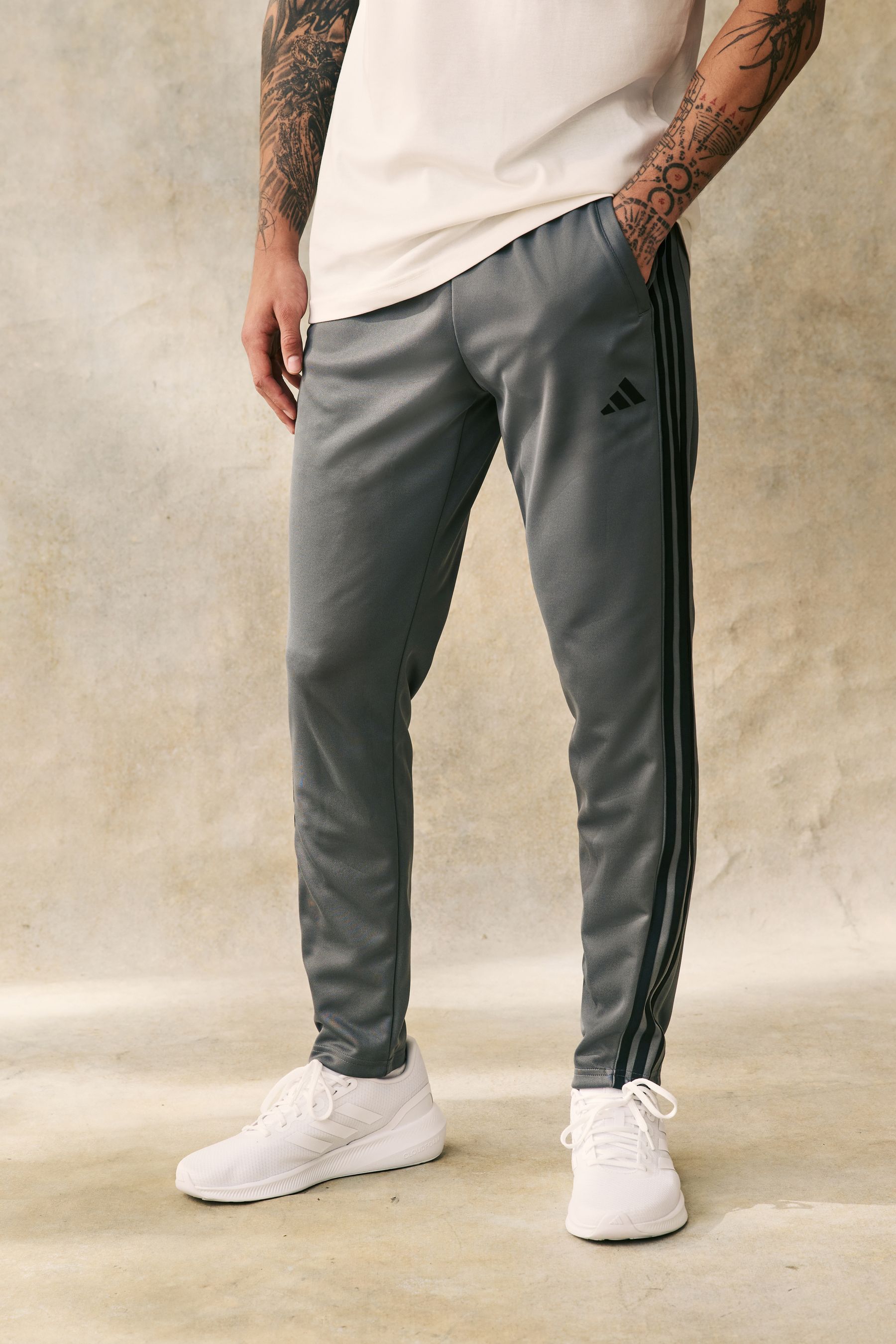 Buy adidas Grey Train Essentials 3-Stripes Training Joggers from the ...