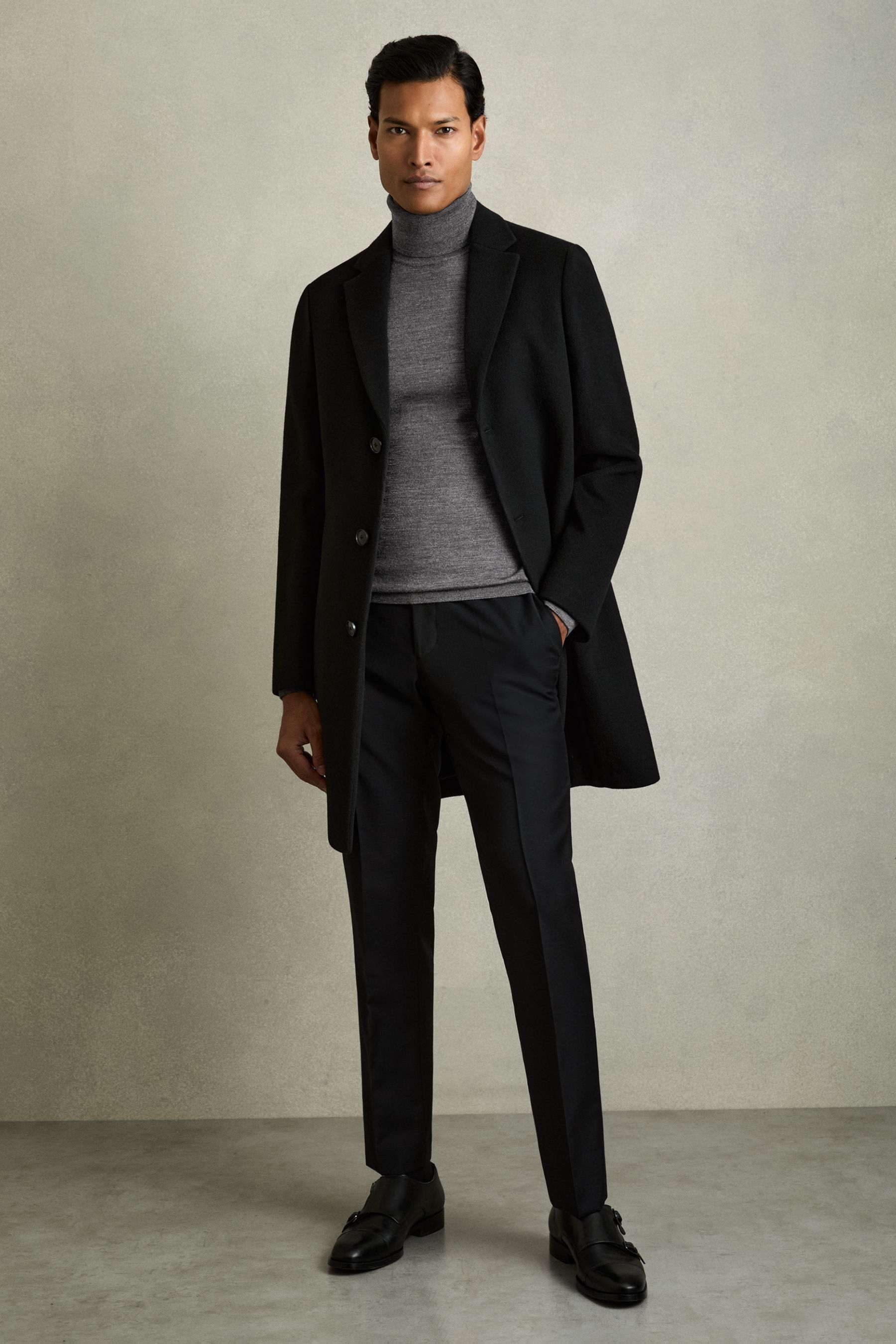 Buy Reiss Mid Grey Melange Caine Slim Fit Merino Wool Roll Neck Jumper ...