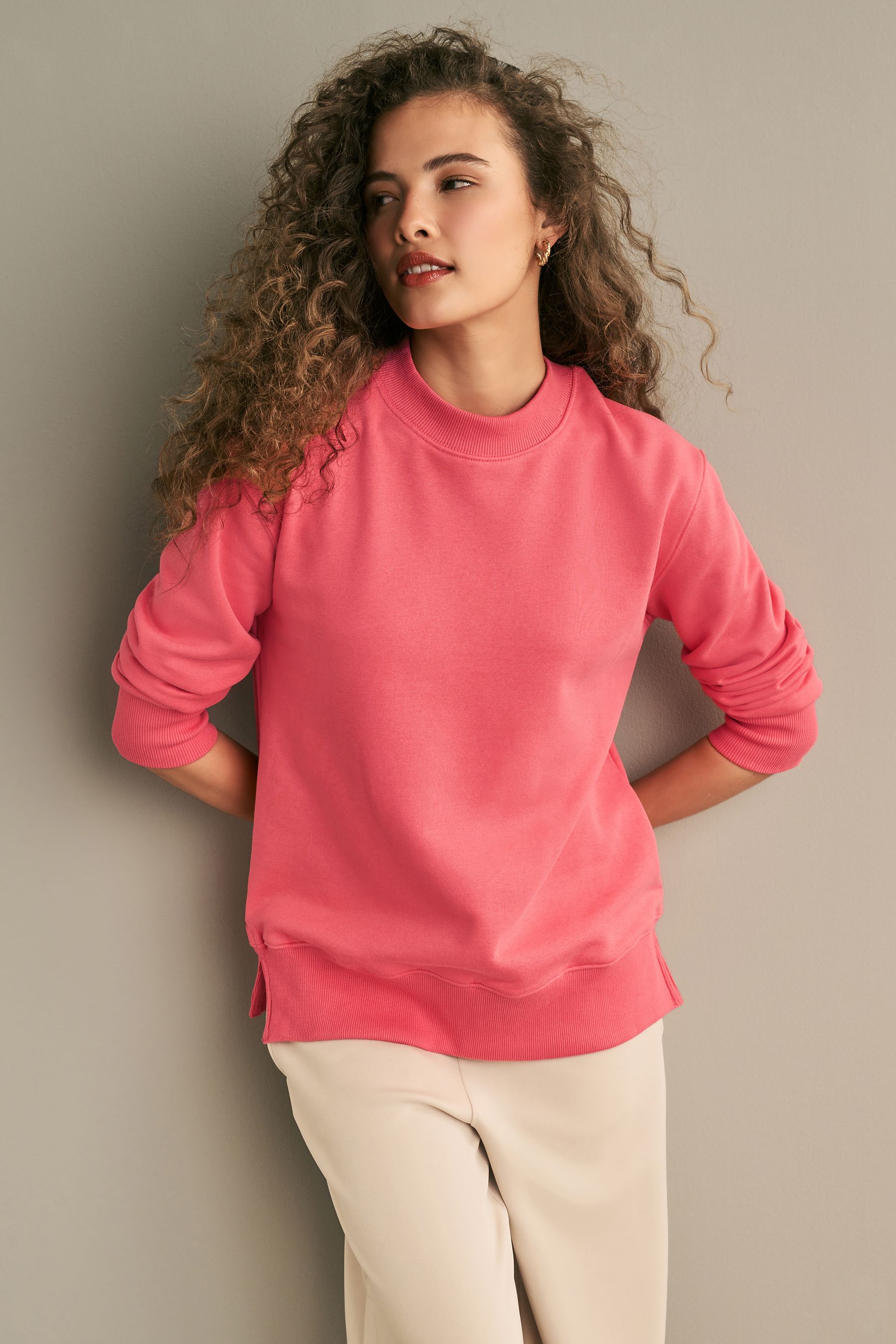 Buy Coral Pink Essentials Longline Relaxed Fit Cotton Sweatshirt from ...