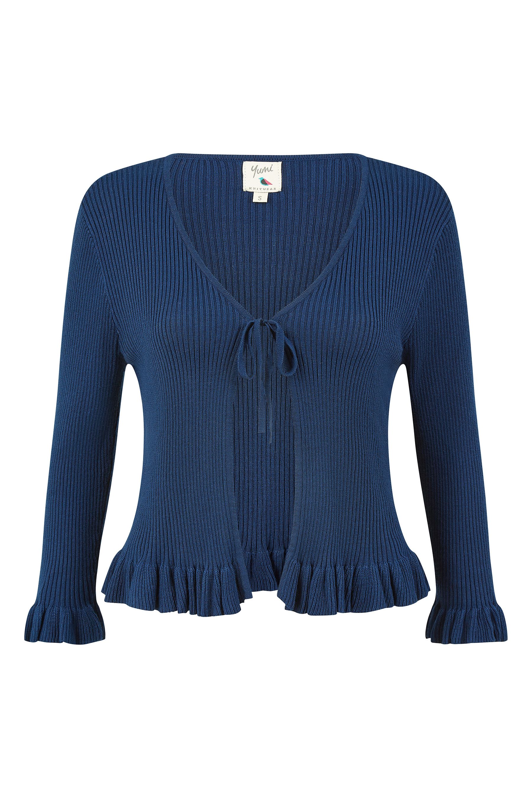 Buy Yumi Blue Tie Up Ribbed Cardigan With Frill Hem from the Next UK ...