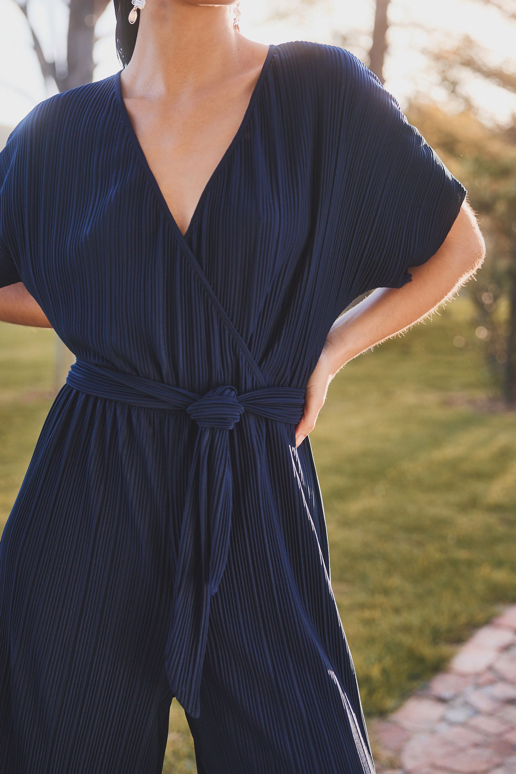 Buy Navy Blue Plisse Short Sleeve Culotte Jumpsuit From The Next Uk