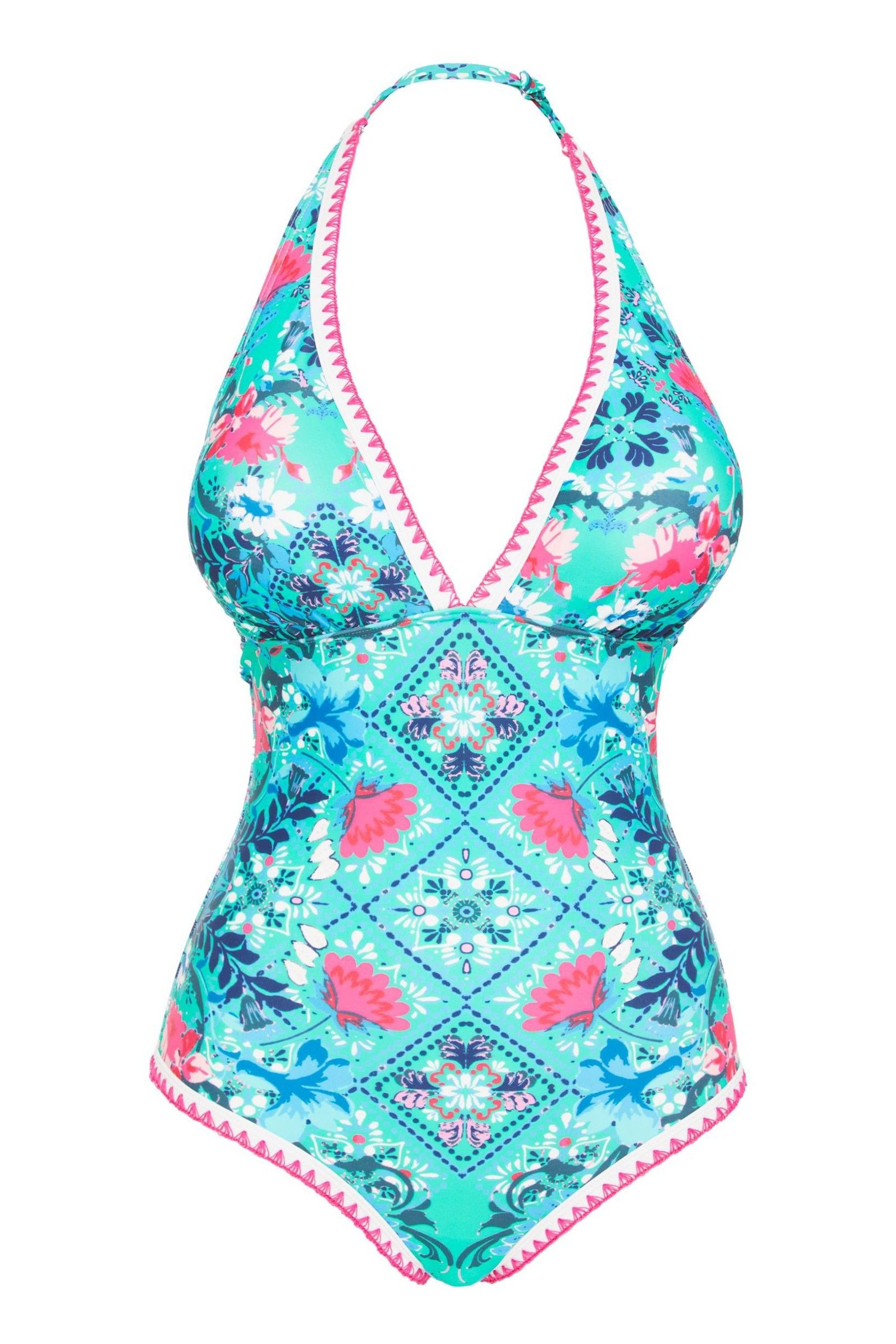 Buy Figleaves Blue & Pink Floral Print Frida Halter Swimsuit from the ...