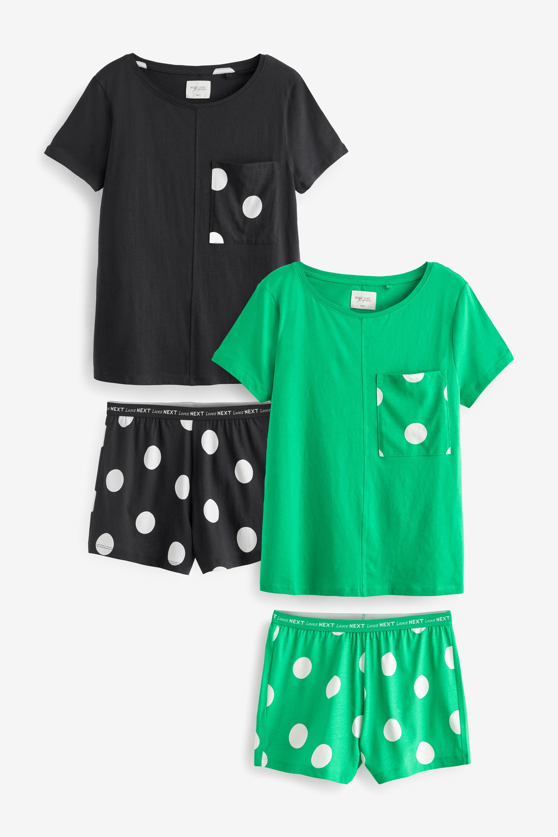 Buy Black/Green Polka Dot Short Sleeve 100% Cotton Pyjama Sets 2 Pack ...