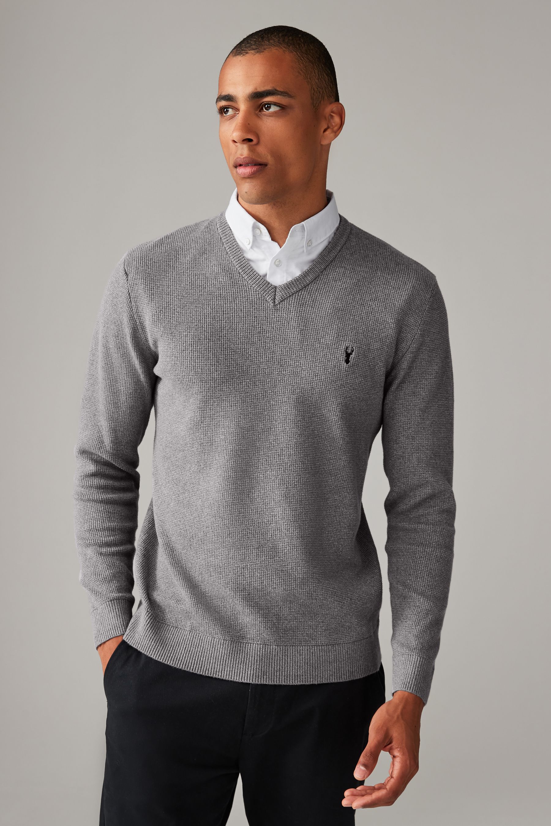 Buy Charcoal Grey Oxford V-Neck Regular Mock 100% Cotton Shirt Jumper ...