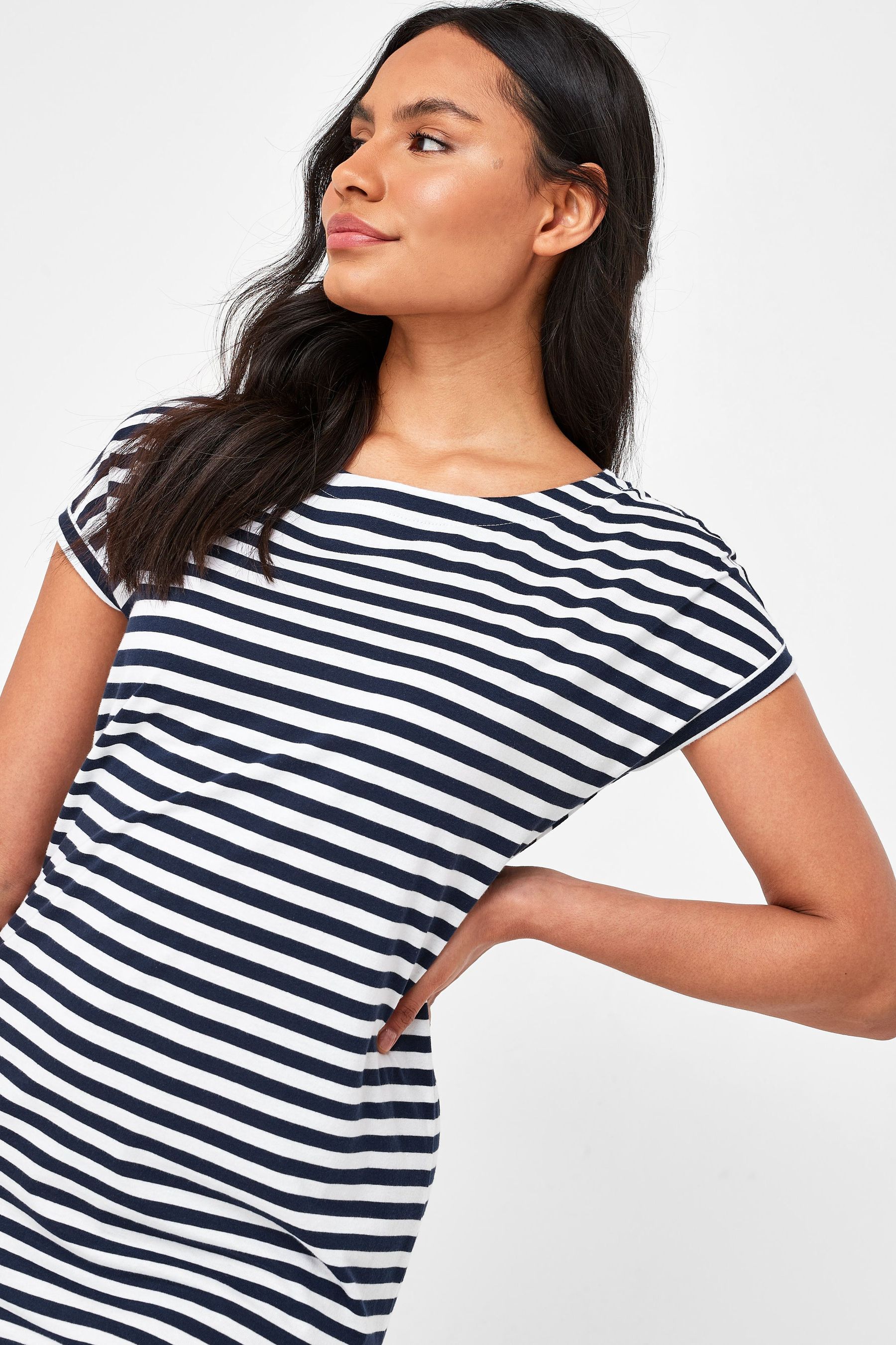 Buy Navy Blue/White Stripe 100% Cotton Relaxed Capped Sleeve Tunic ...