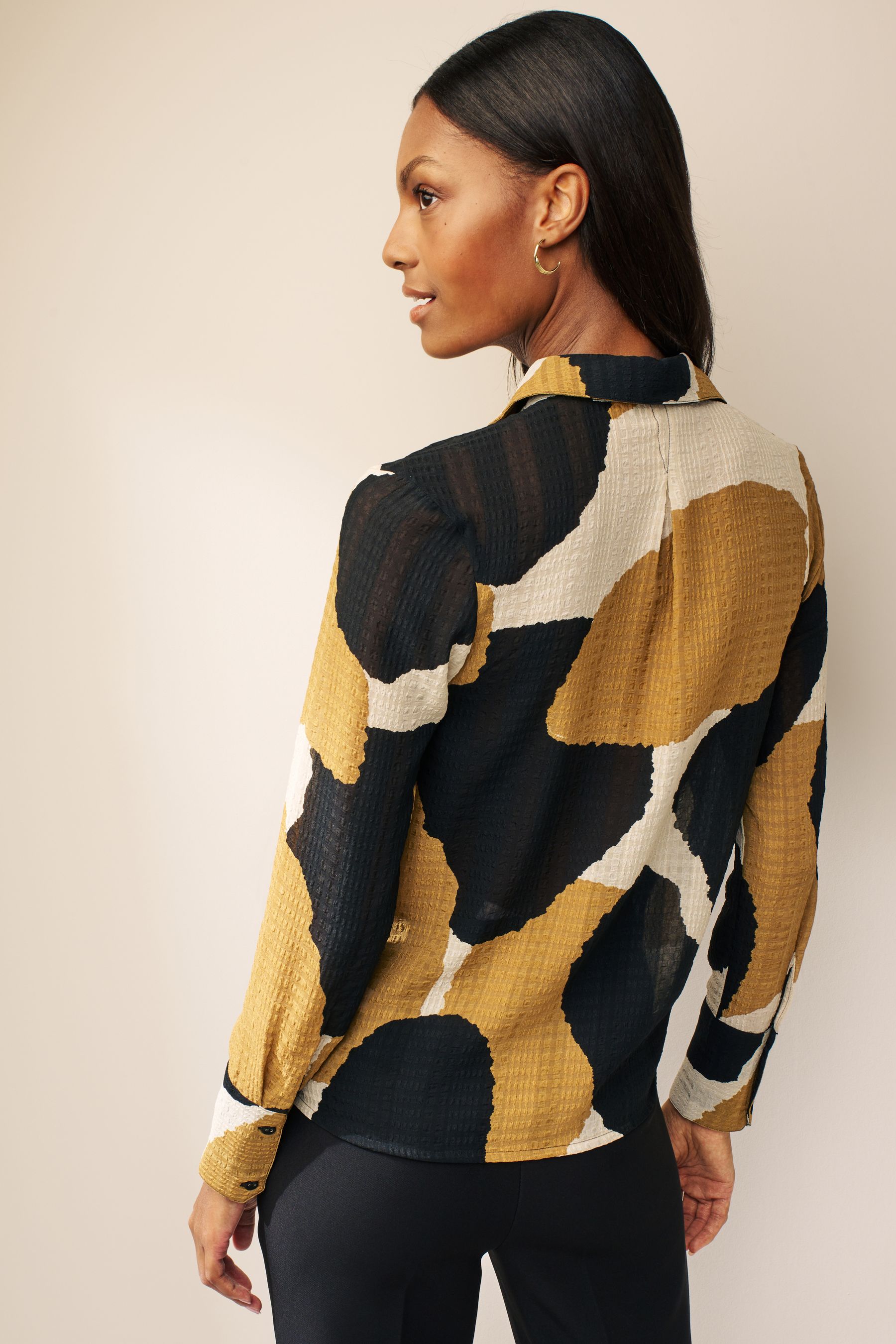 Buy Black/Brown Abstract Patch Twist Front Long Sleeve Sheer Textured ...