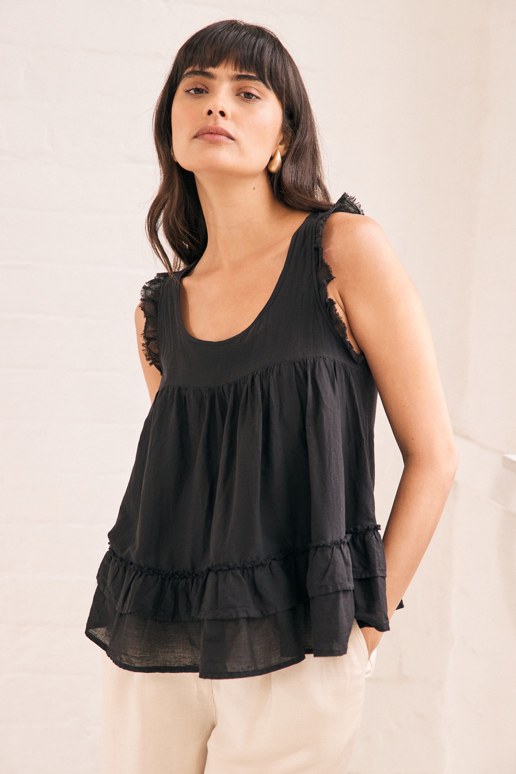 Buy Black Sleeveless Raw Hem Scoop Neck 100% Cotton Top from the Next ...