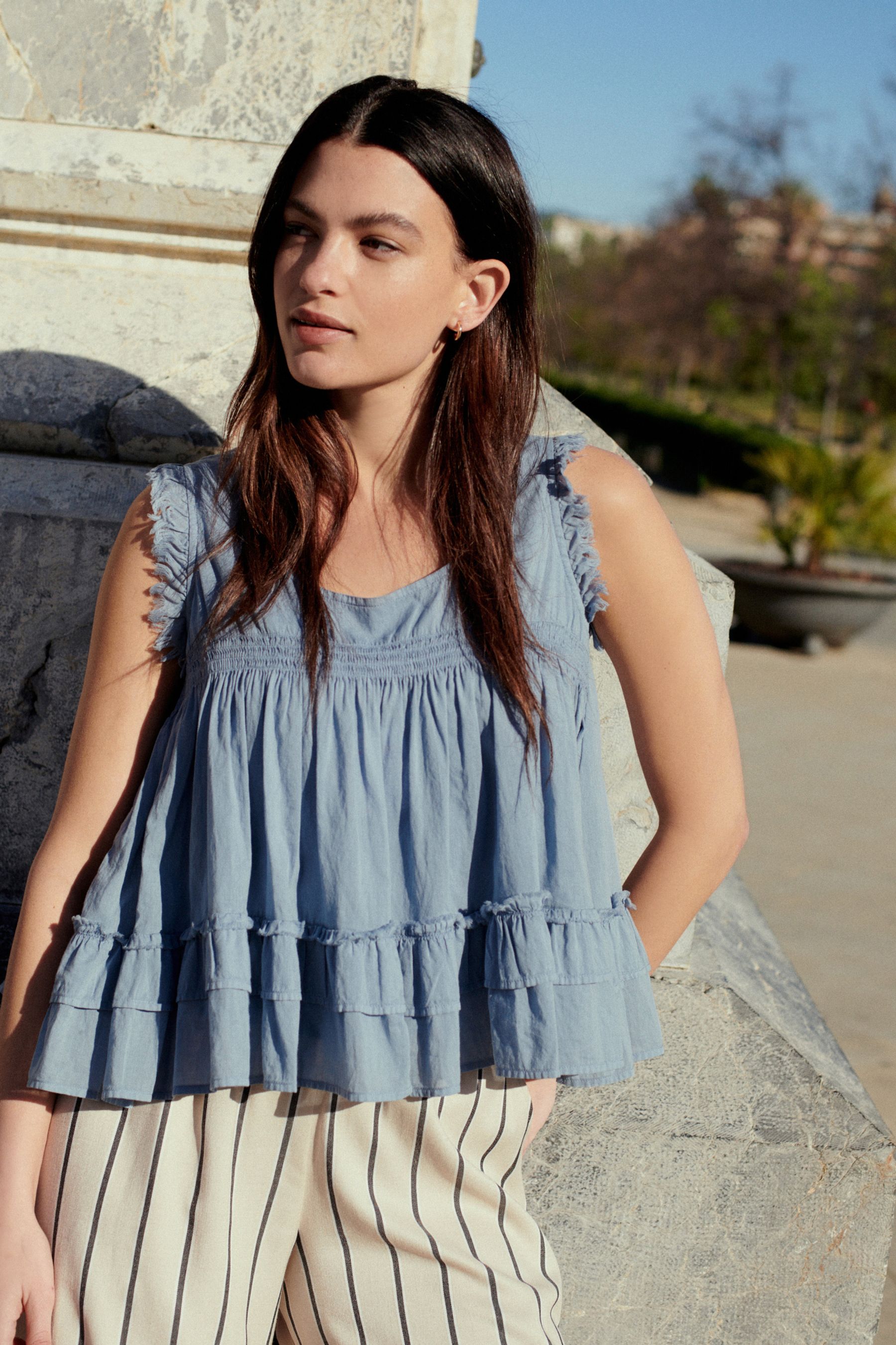 Buy Blue Sleeveless Raw Hem Scoop Neck 100% Cotton Top from the Next UK ...