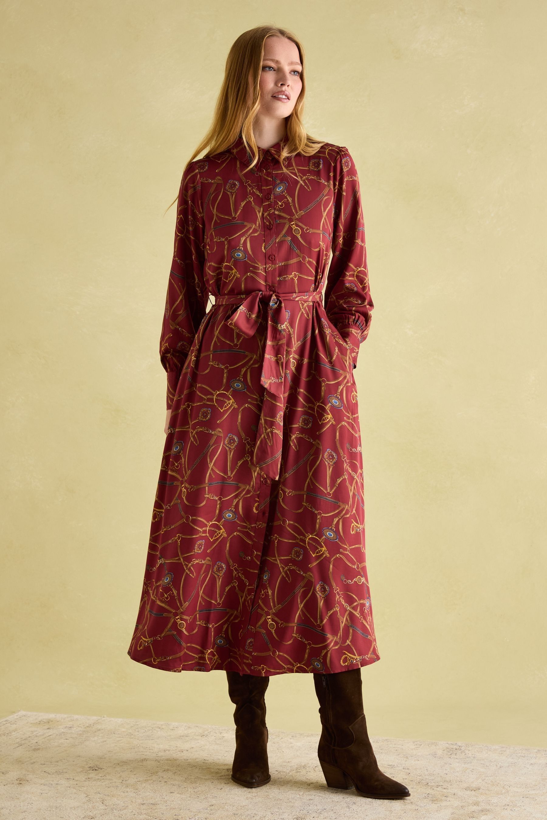 Buy Joules Penelope Red Bridle Print Satin Shirt Dress from the Next UK ...