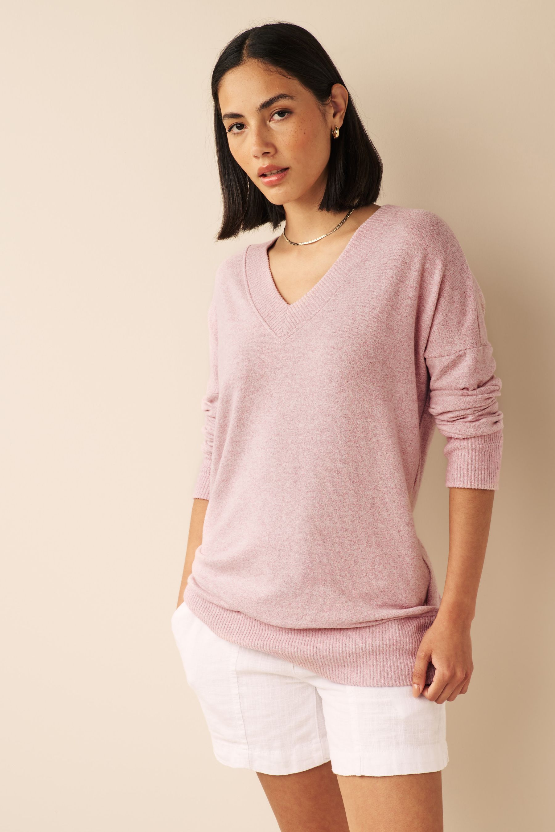 Buy Blush Pink Cosy Lightweight Soft Touch Longline V-Neck Jumper Top ...