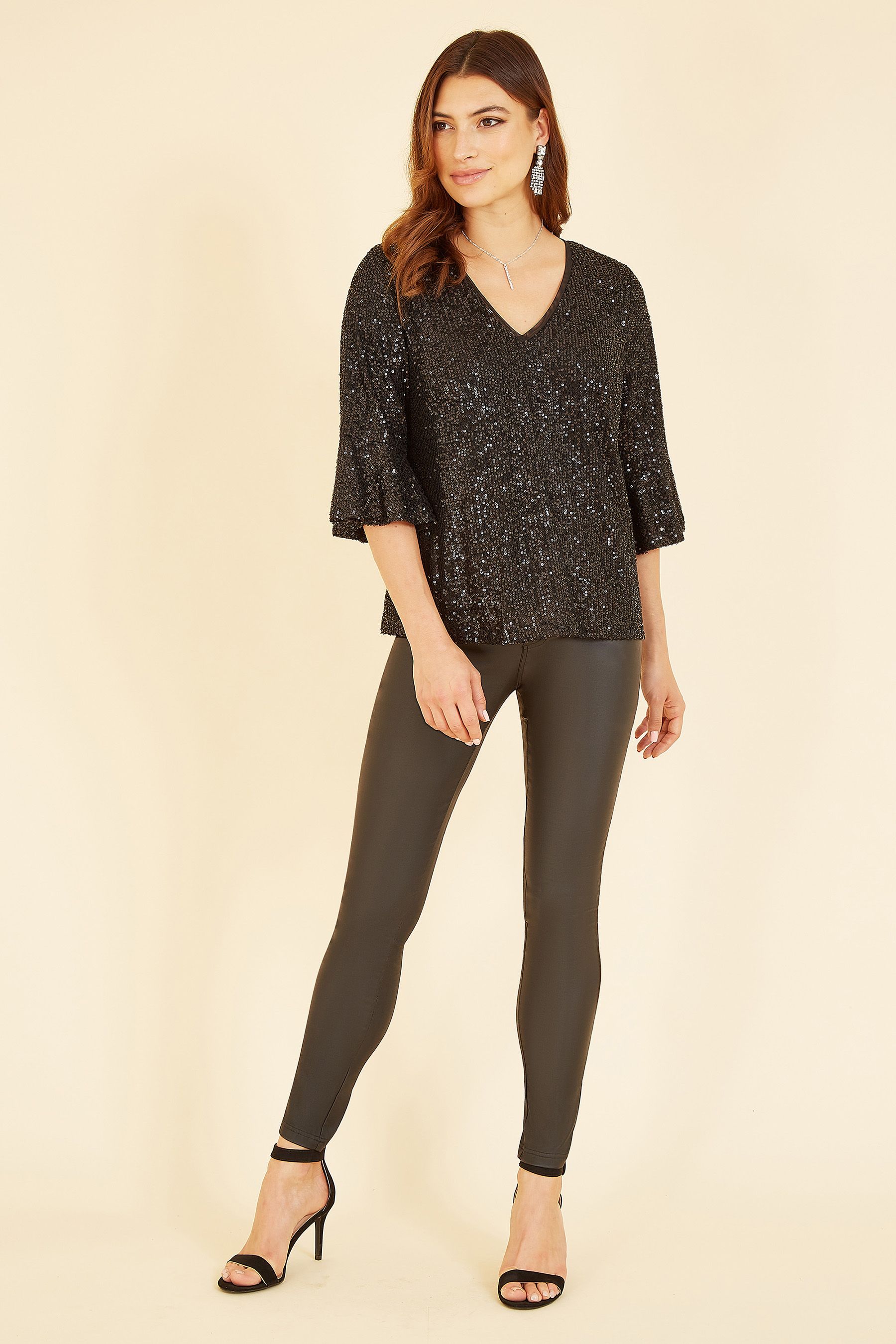Buy Yumi Black Sequin Top With Fluted Sleeve from the Next UK online shop