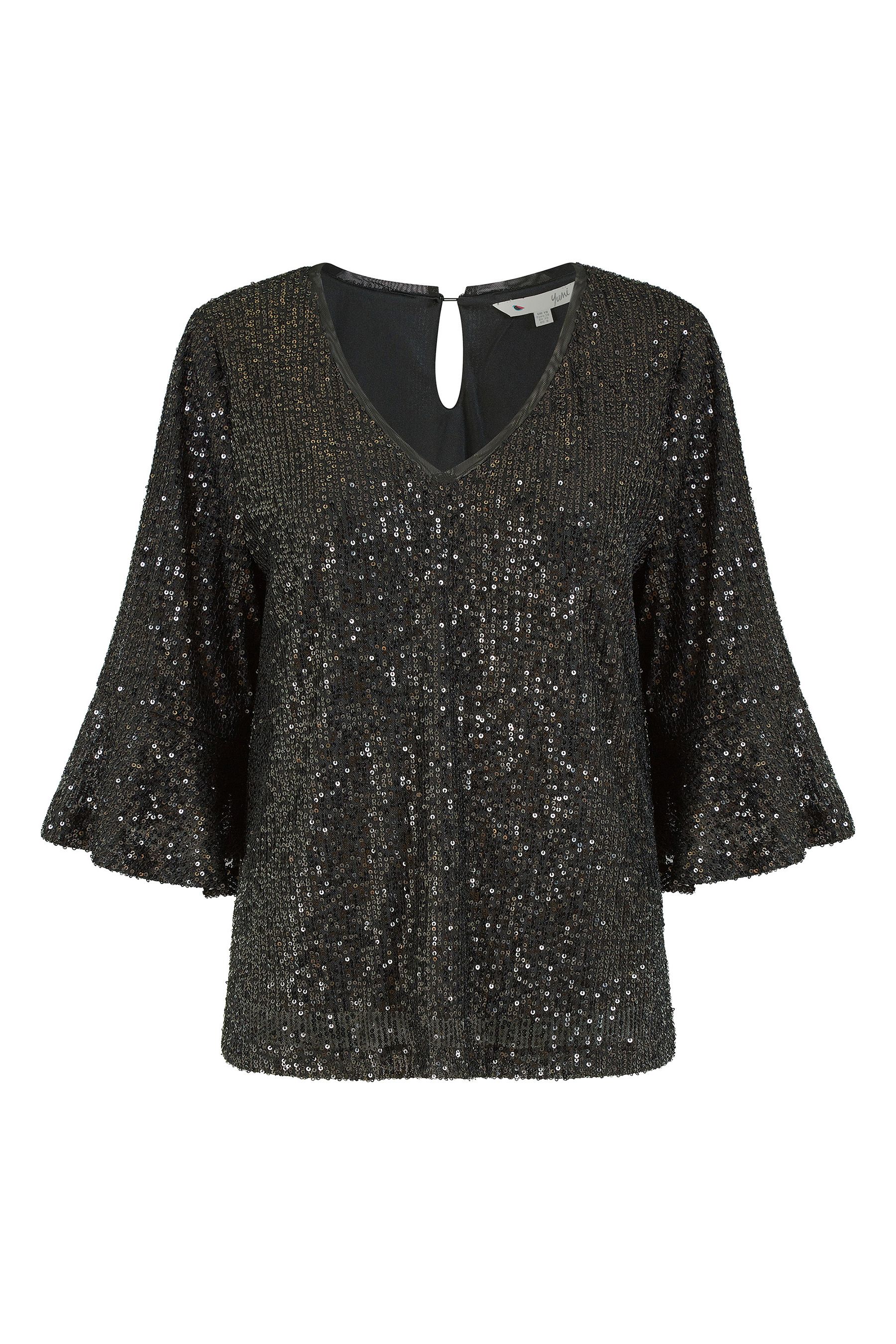 Buy Yumi Black Sequin Top With Fluted Sleeve from the Next UK online shop