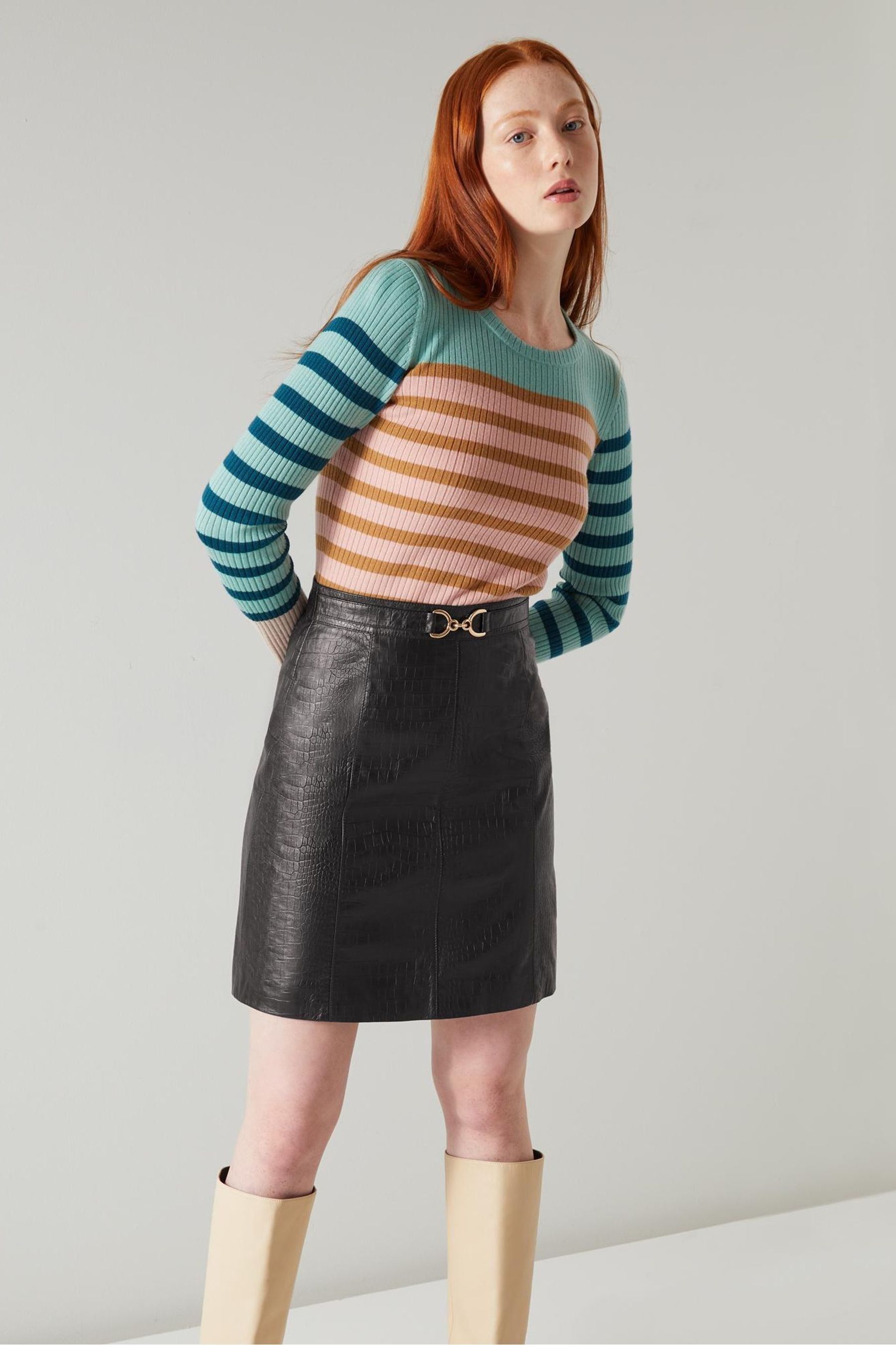 LK Bennett Aubree Black Croc-Embossed Leather A-Line Skirt