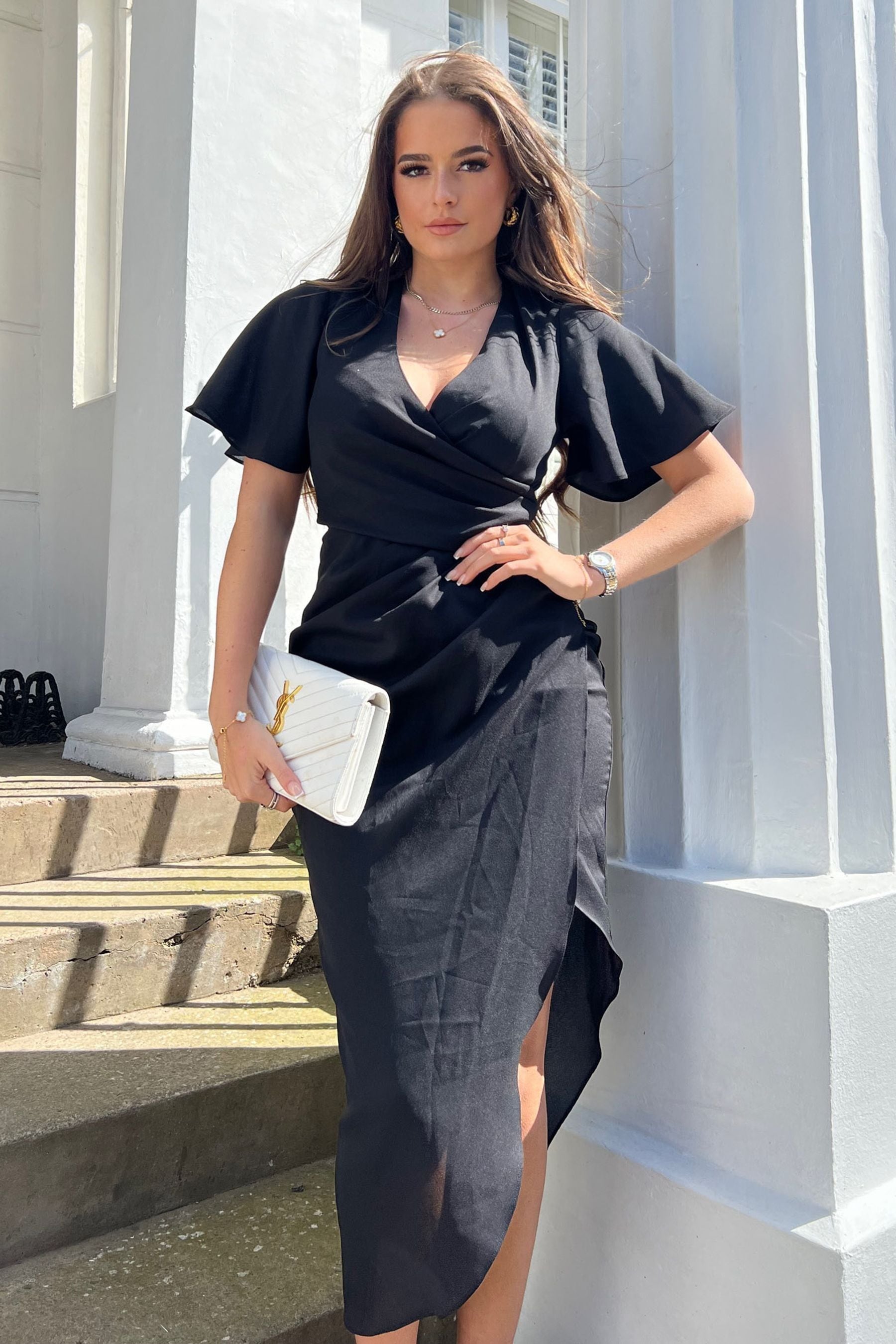 Buy Girl In Mind Black Natasha Angel Sleeve Wrap Midi Dress from Next ...