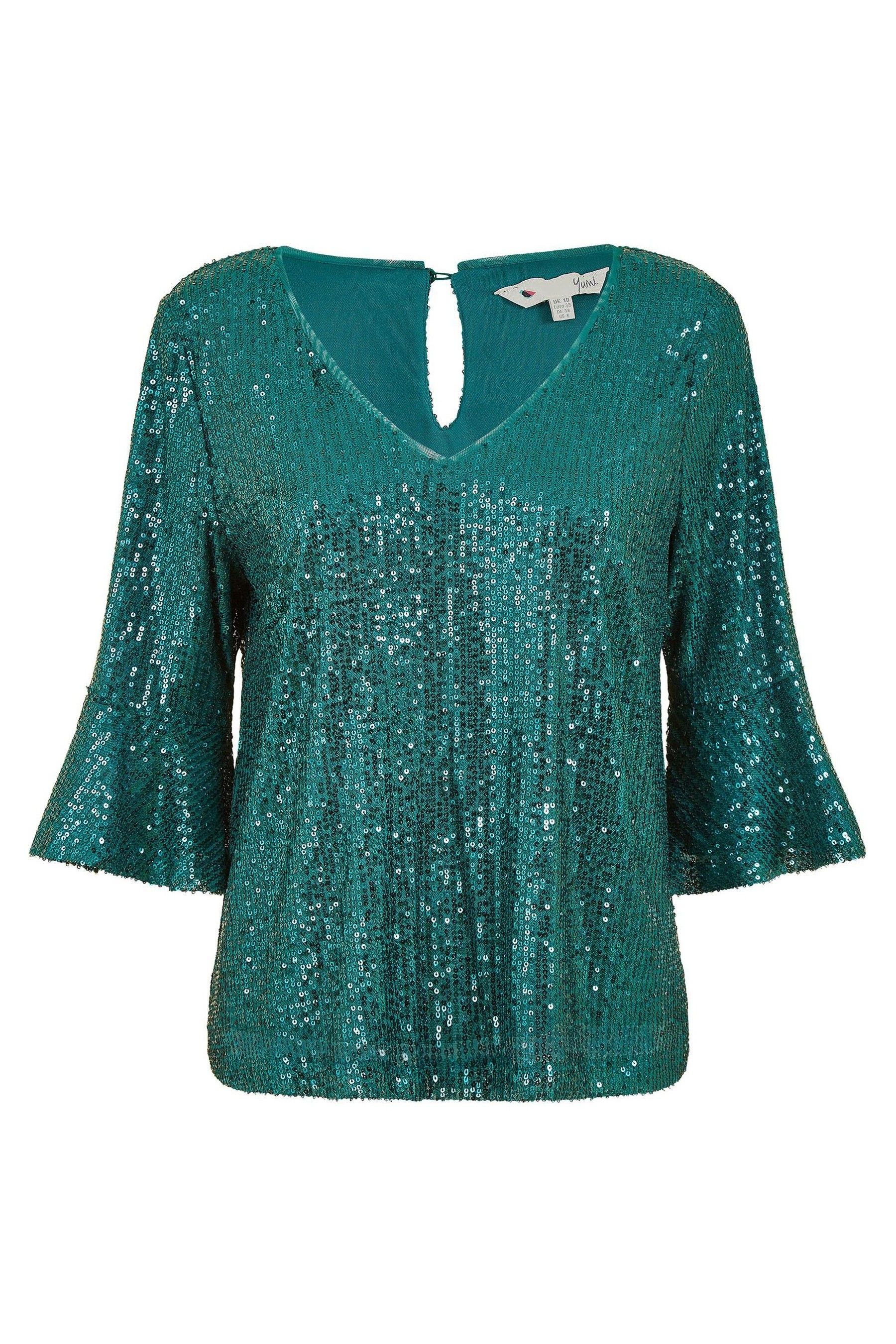 Buy Yumi Green Sequin Top With Fluted Sleeve from the Next UK online shop