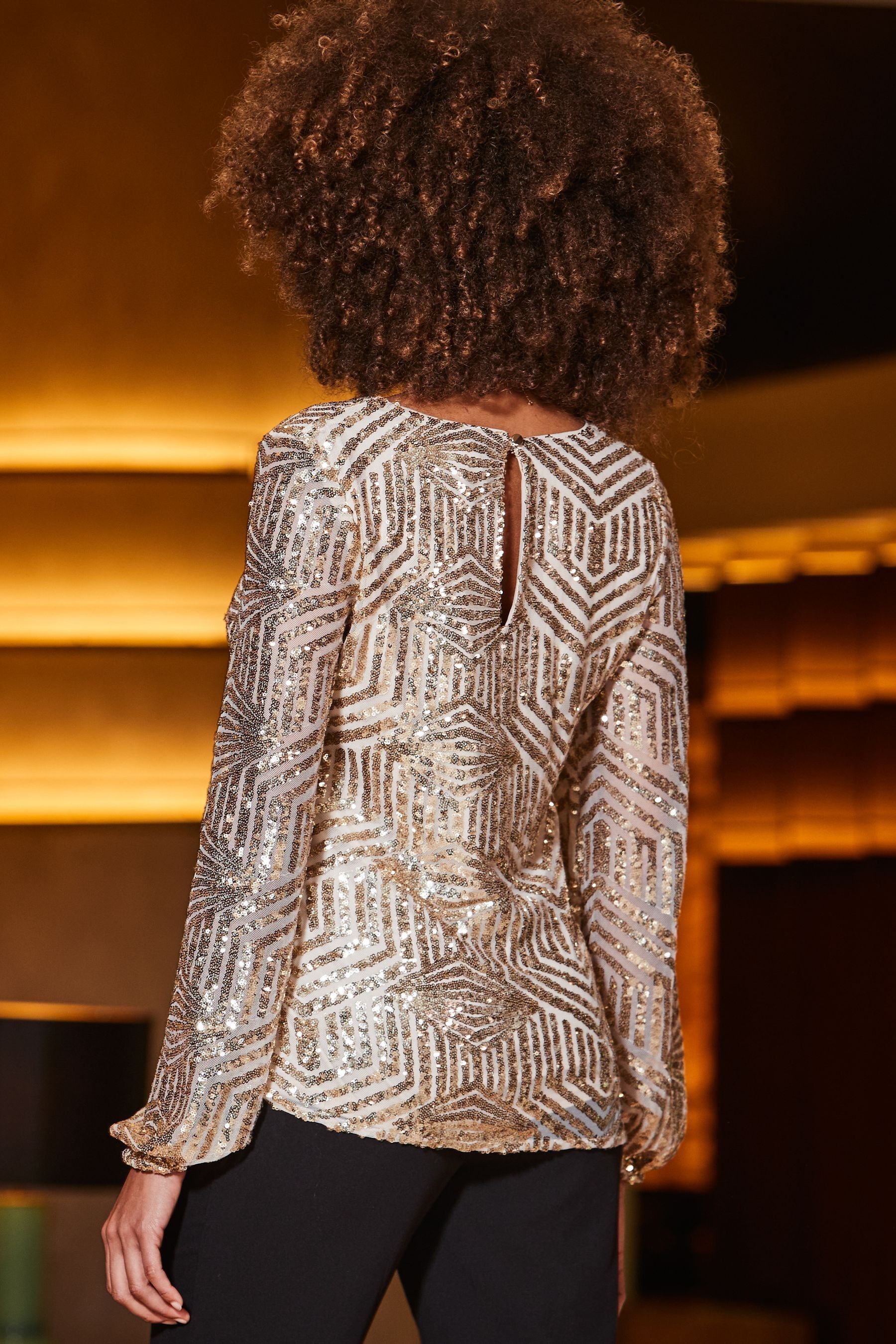 Buy Sosandar Gold Geometric Sequin Blouson Sleeve Top from Next Ireland