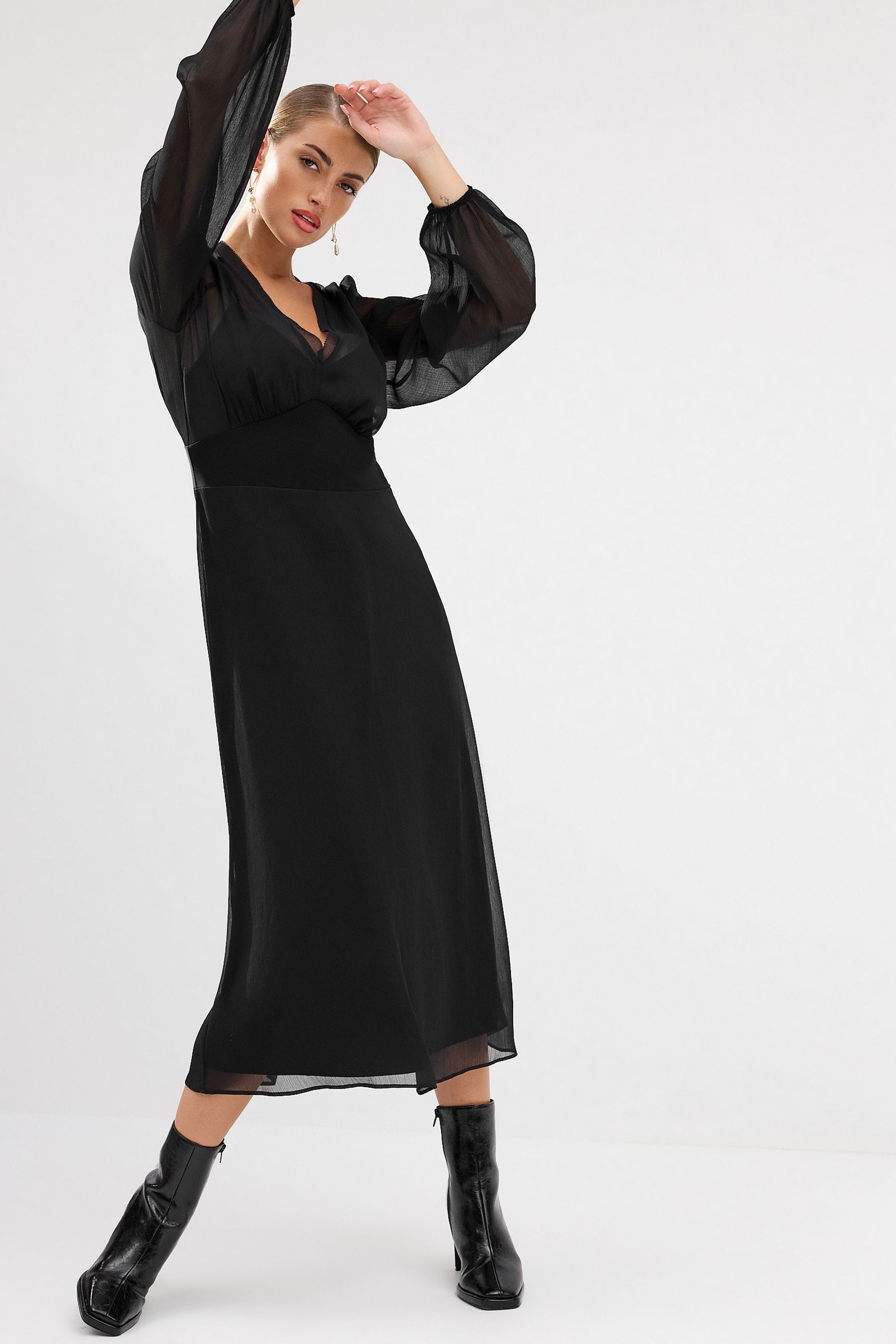 Buy Black Long Sleeve Sheer Layer Midi Dress from Next Qatar