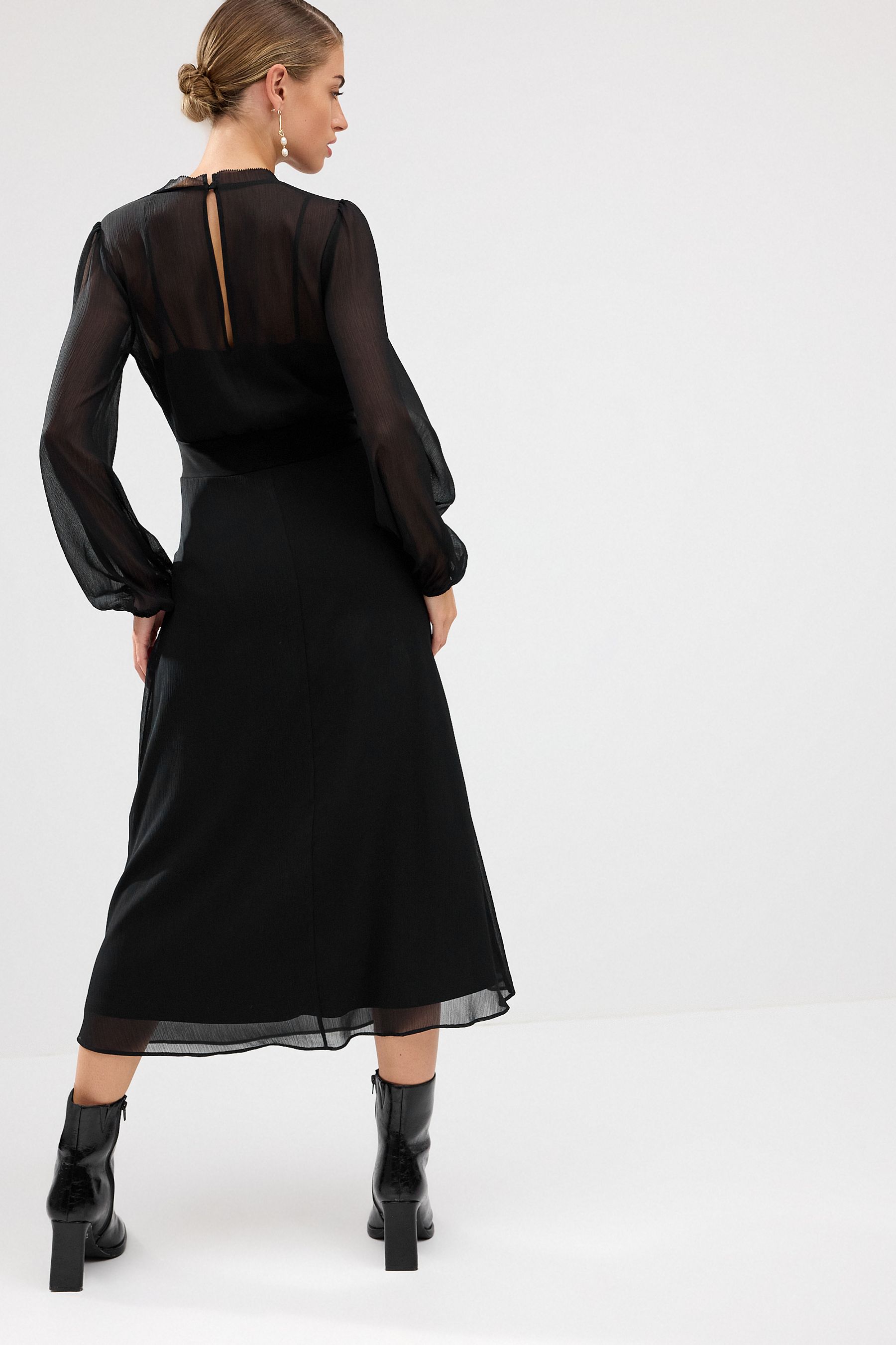 Buy Black Long Sleeve Sheer Layer Midi Dress from Next Qatar