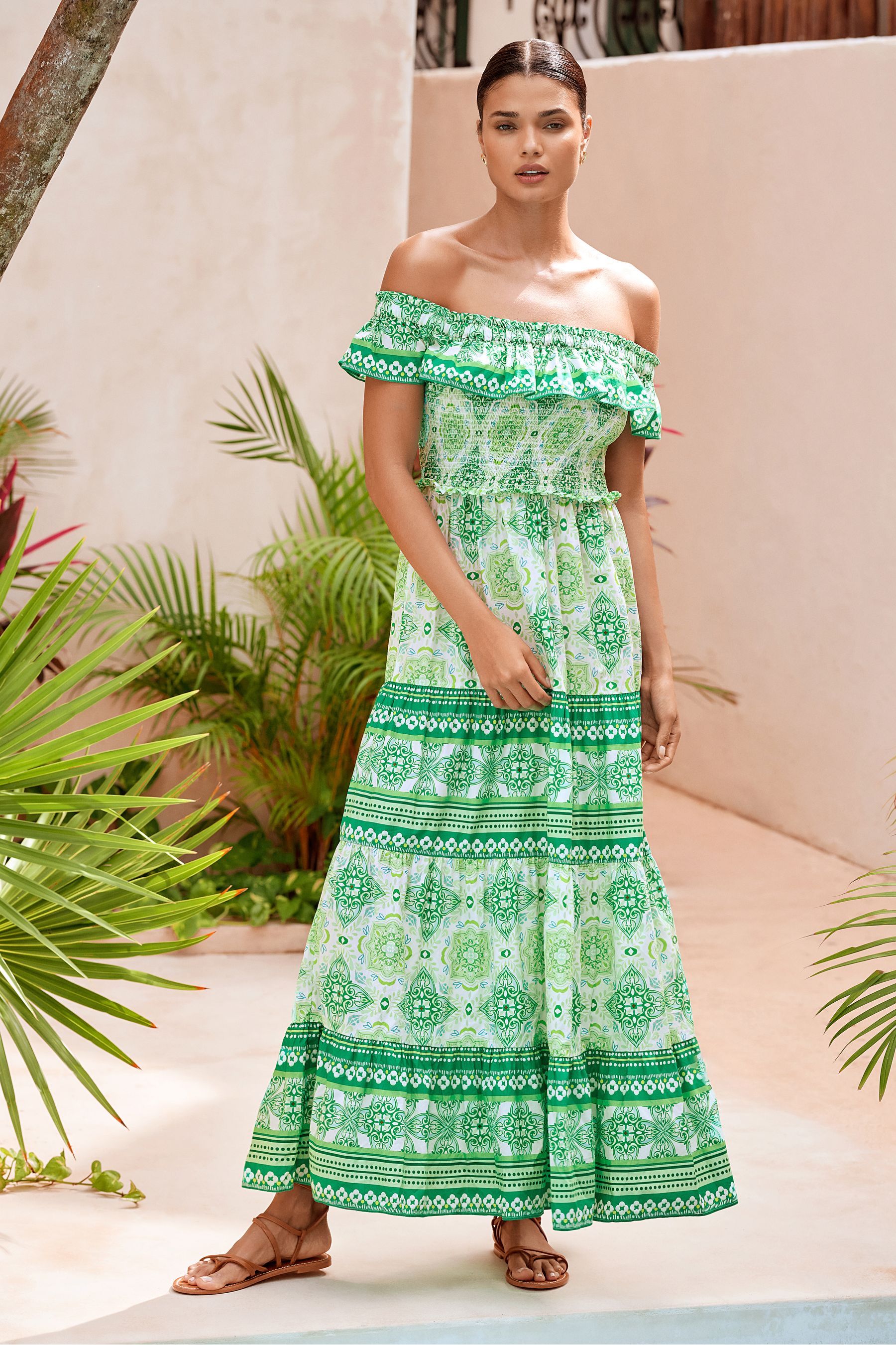 Buy Lipsy Green Shirred Bardot Tiered Maxi Holiday Printed Dress from ...