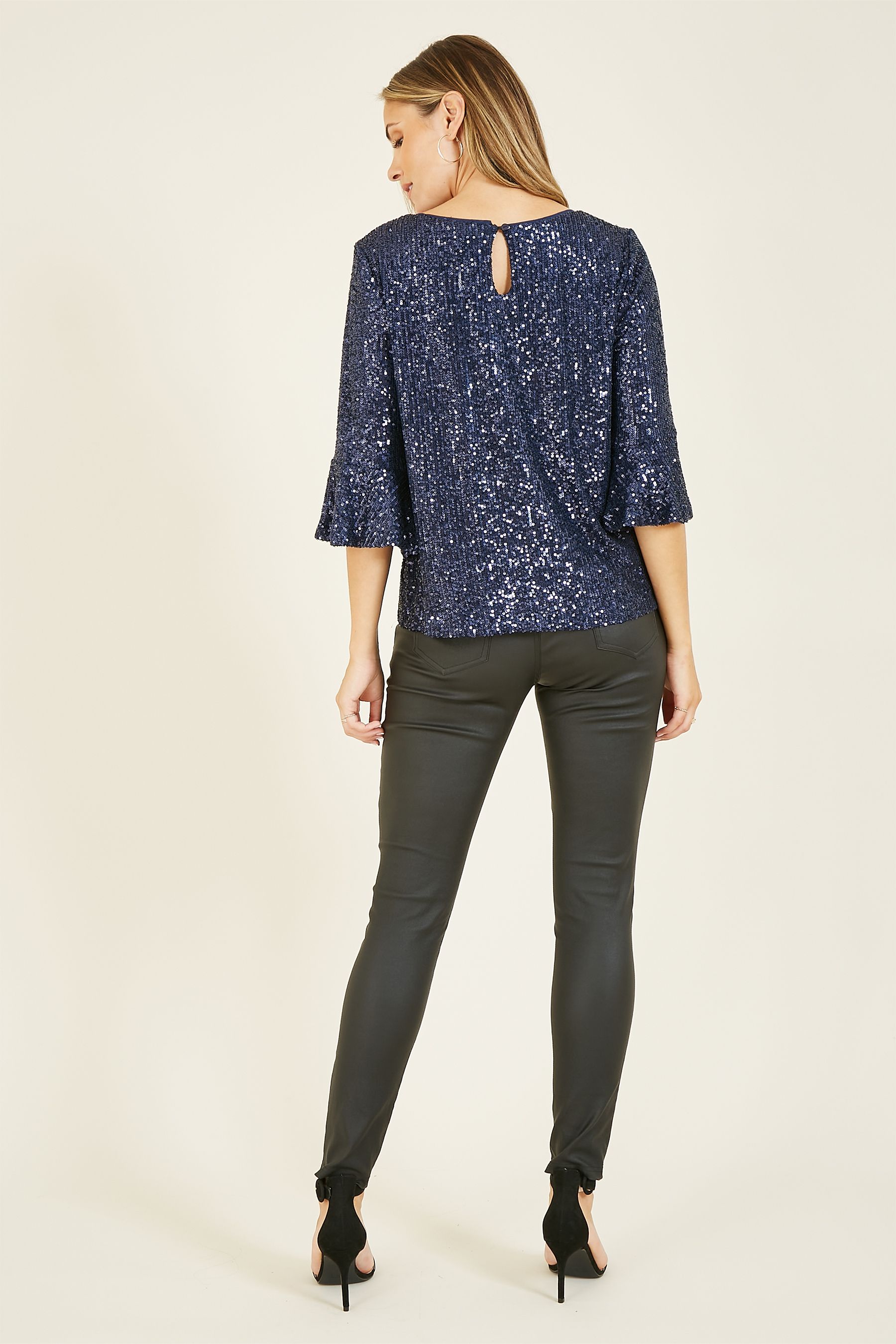 Buy Yumi Blue Sequin Top With Fluted Sleeve from the Next UK online shop