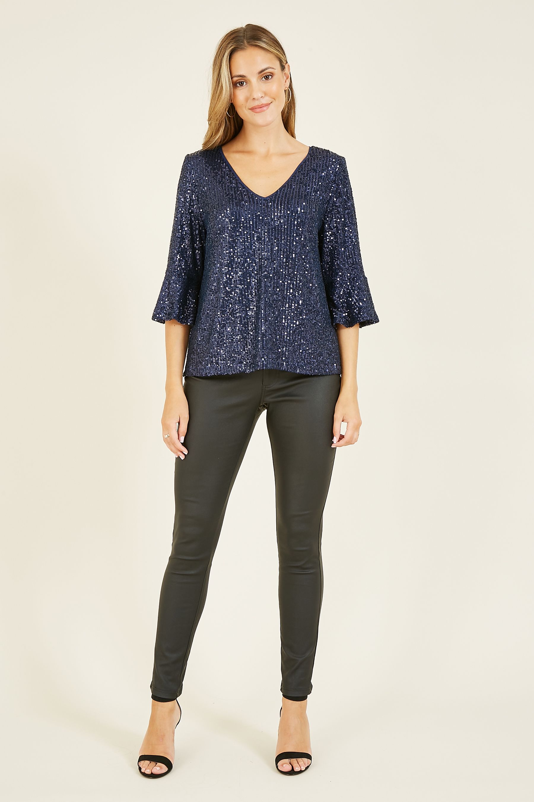 Buy Yumi Blue Sequin Top With Fluted Sleeve from the Next UK online shop