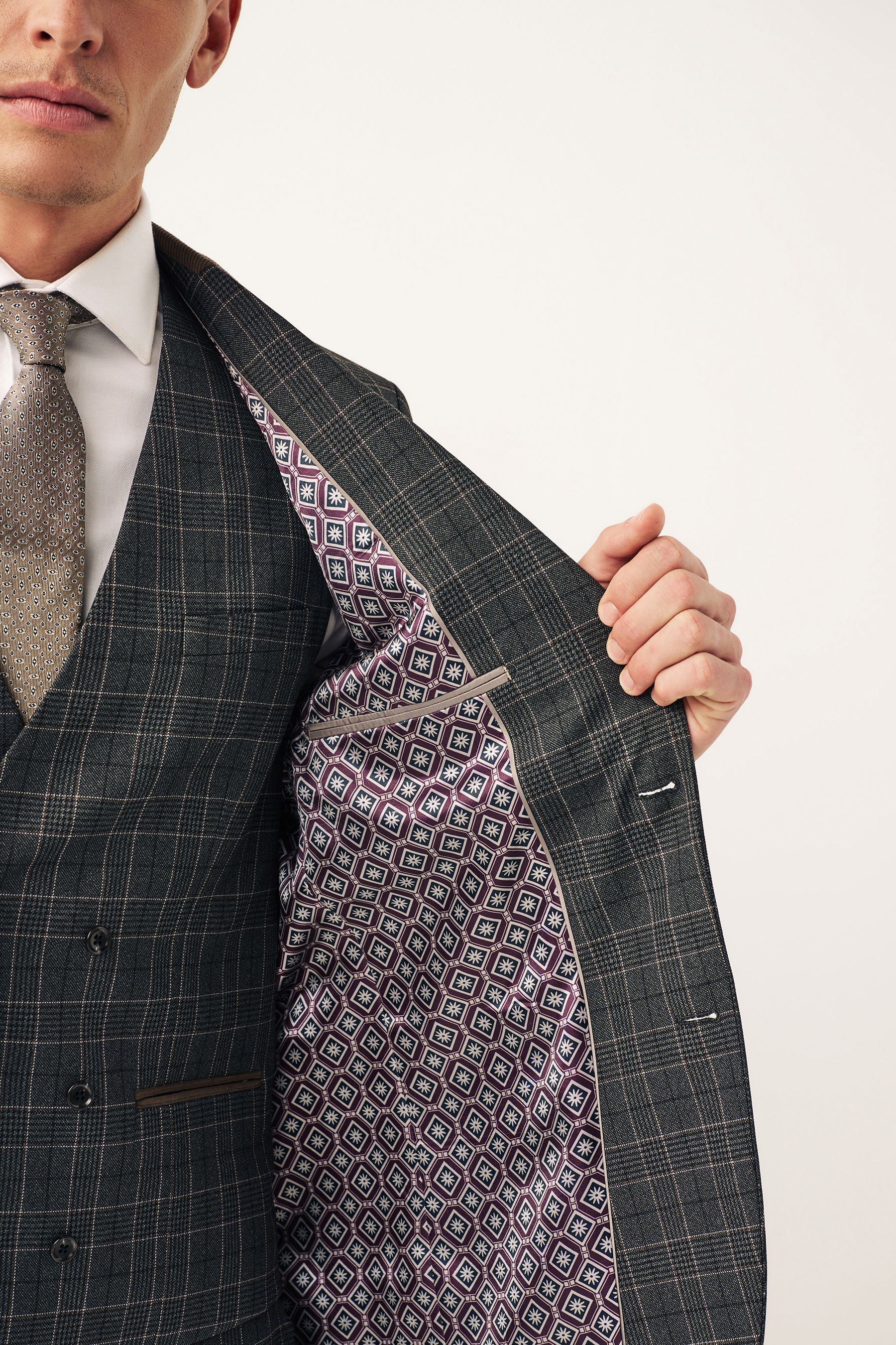 Buy Charcoal Grey Tailored Fit Trimmed Check Suit Jacket from the Next ...