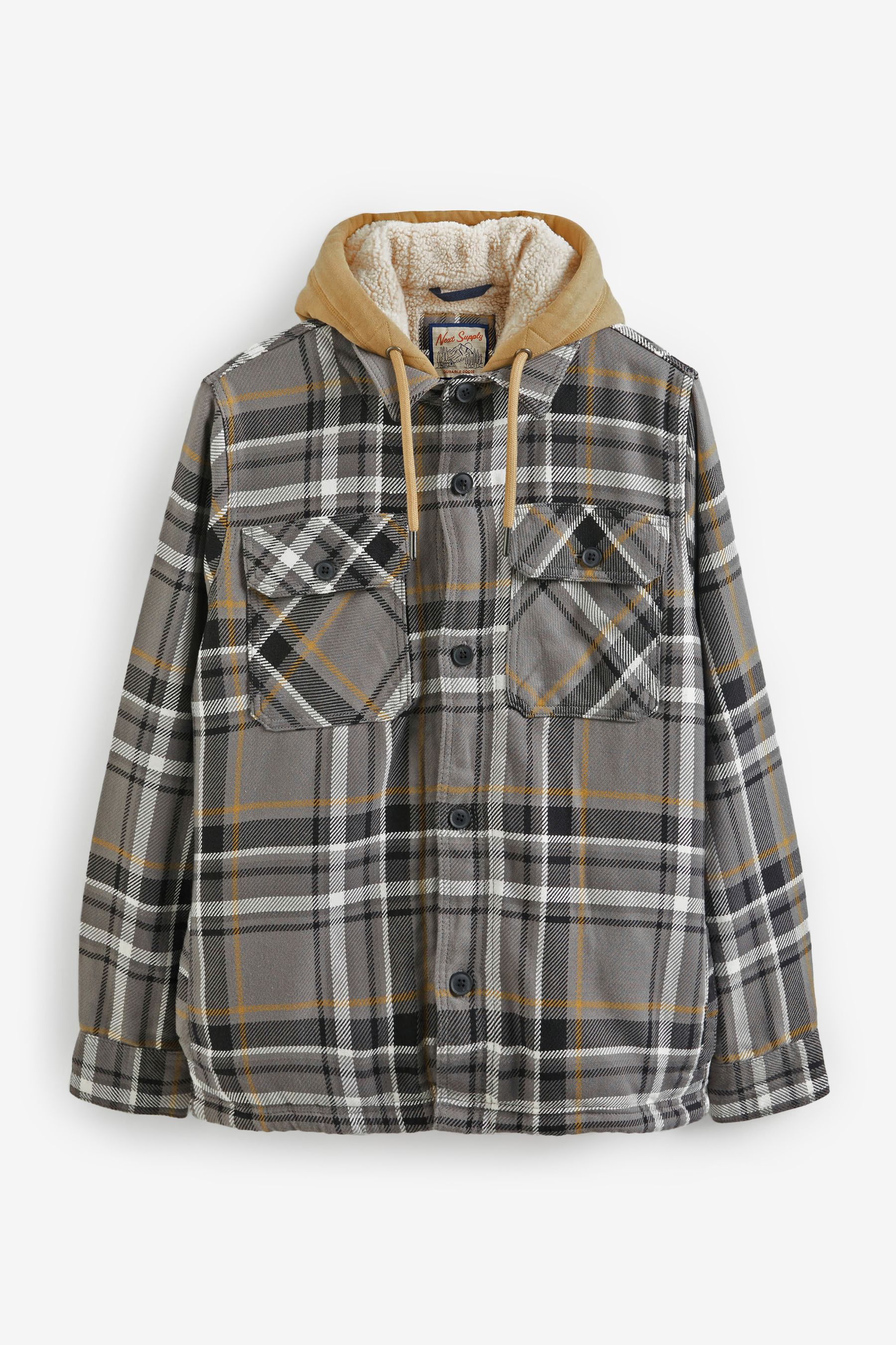 Buy Grey Borg Lined Check Shacket with Hood from Next Ireland