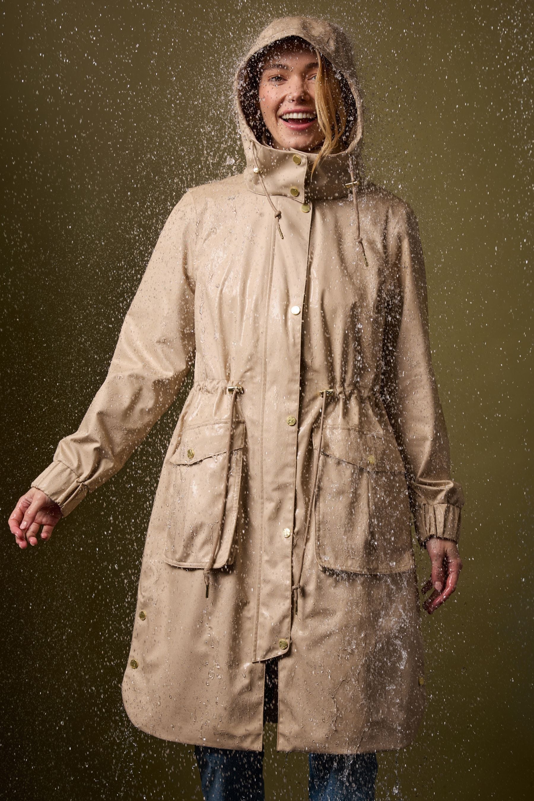 Buy Joules Harpsden Beige Waterproof Long Raincoat with Hood from the ...