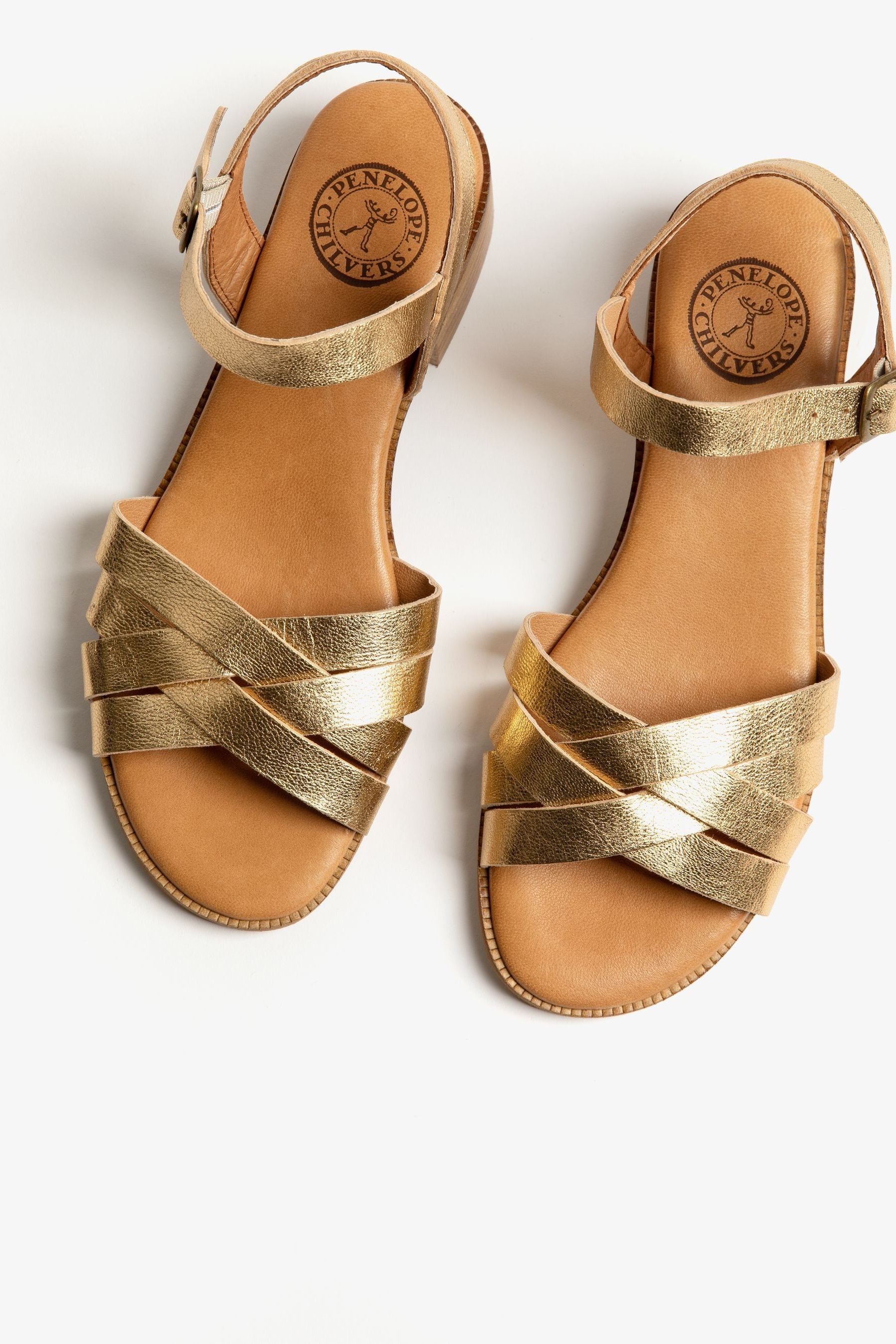 Buy Penelope Chilvers Gold Heeled Shepherdess Metallic Leather Sandals ...