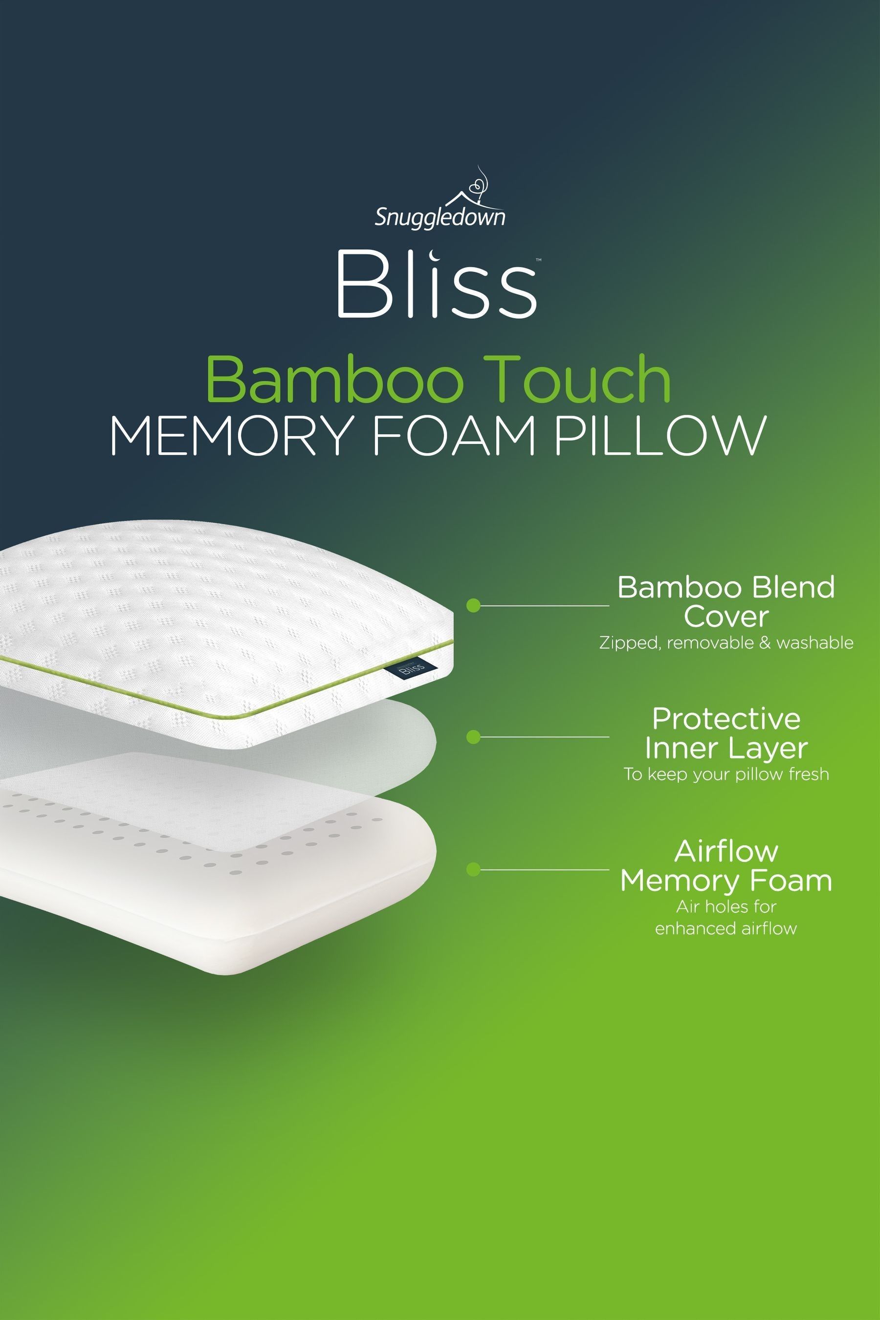 Buy Snuggledown Bliss Extra Deep Bamboo Pillow, Firm Support, 1 Pack ...