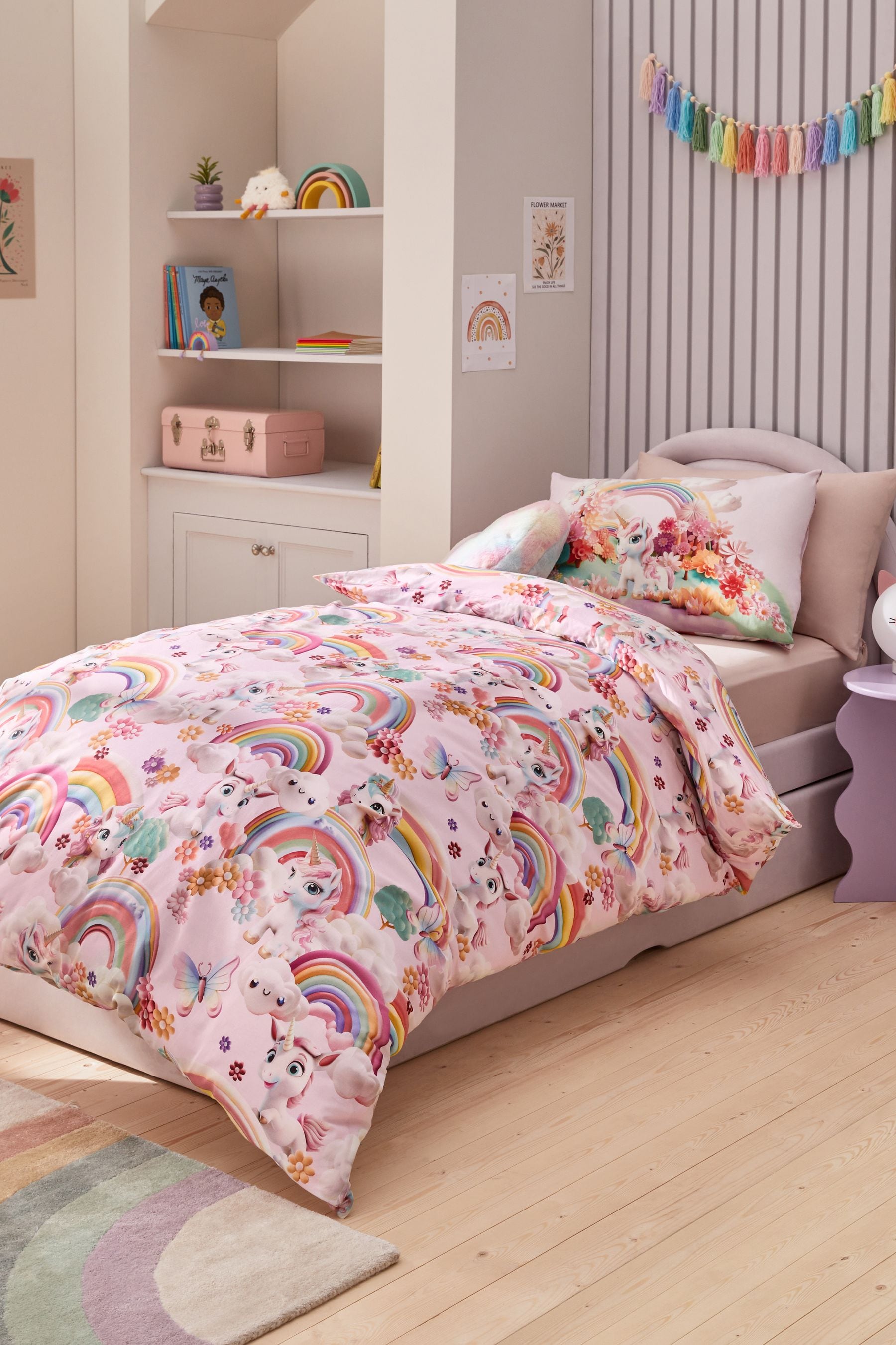 Buy Pink Unicorn Rainbows 100% Cotton Printed Bedding Duvet Cover and ...