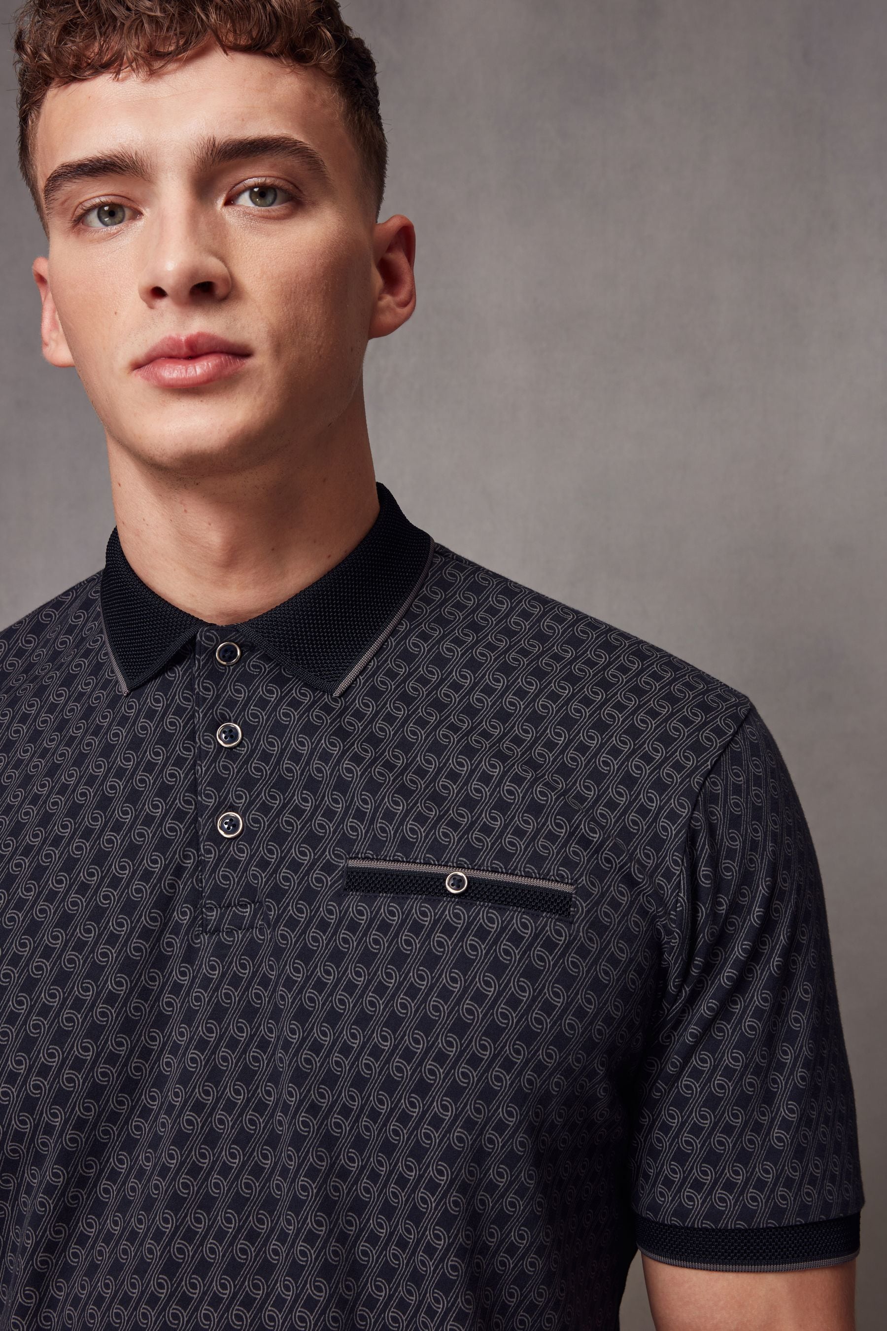 Buy Navy Blue 100% Cotton Short Sleeve Print Polo Shirt from the Next UK online shop