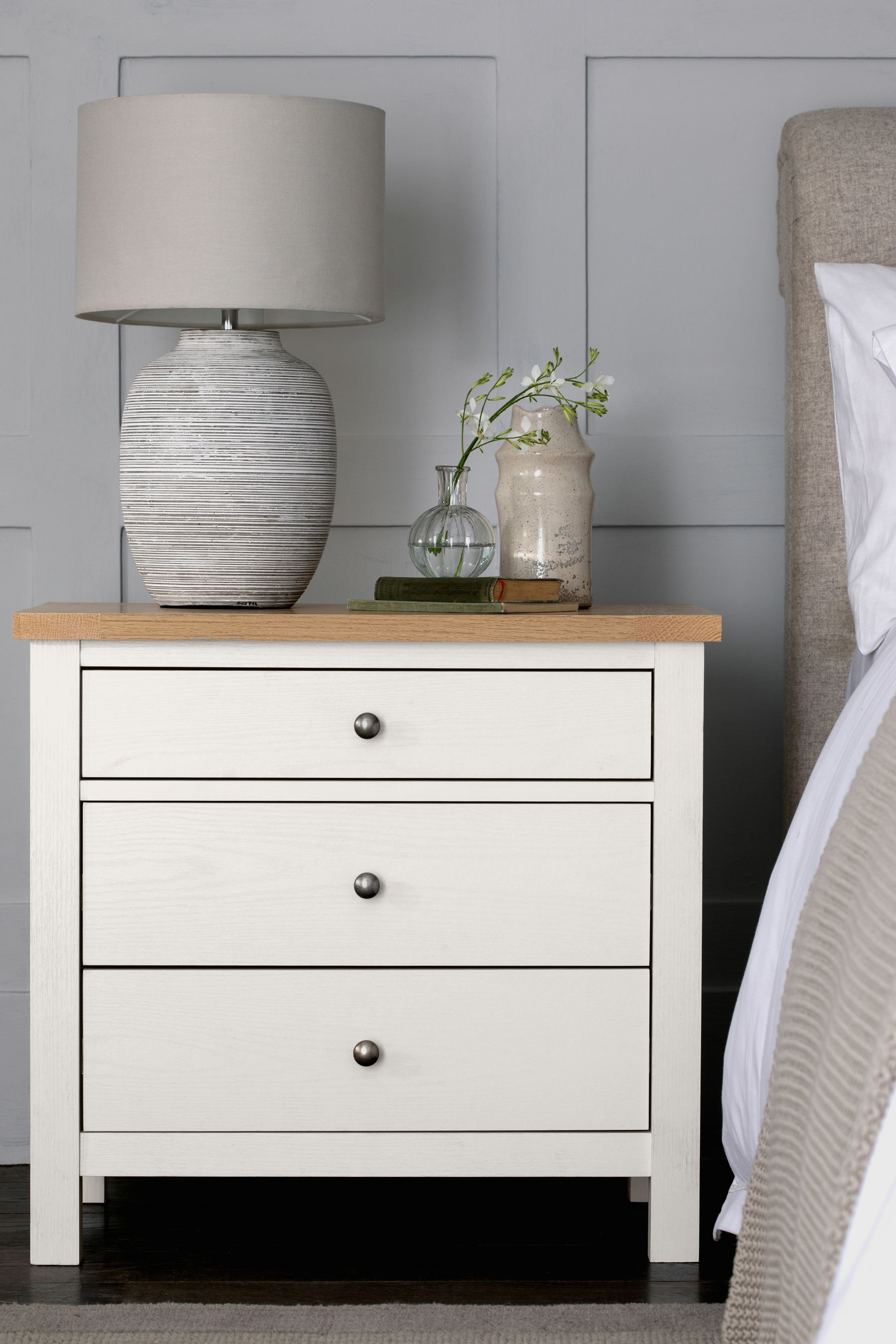 Buy Chalk White Malvern Paint Effect 3 Drawer Wide Bedside Table from ...